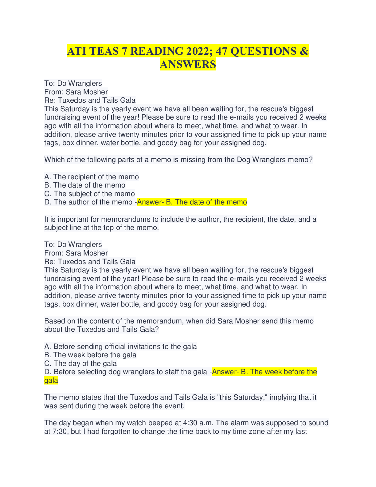 ATI TEAS 7 READING 2022; 47 QUESTIONS & ANSWERS - Scholarfriends
