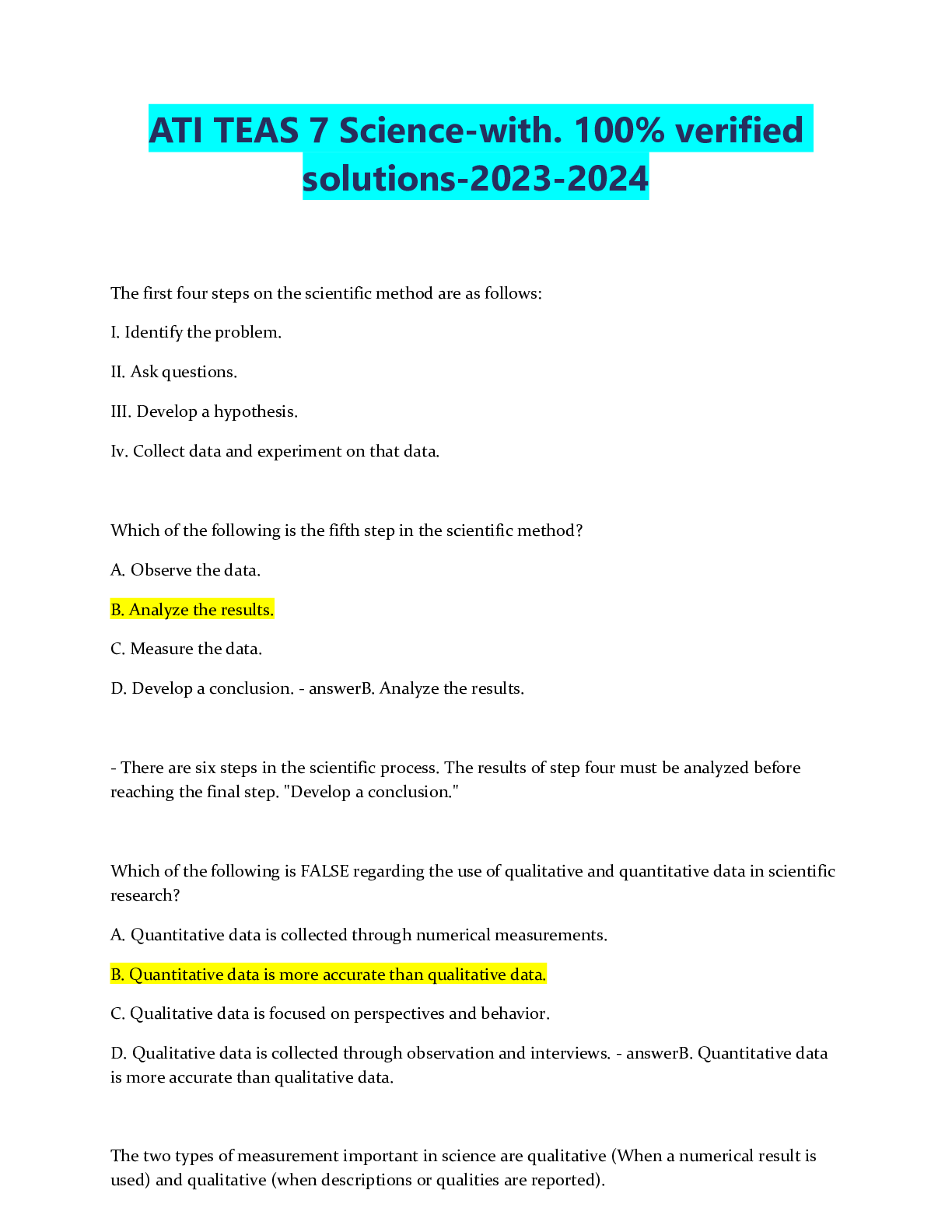 ATI TEAS 7 Science-with. 100% verified solutions-2023-2024 - Scholarfriends