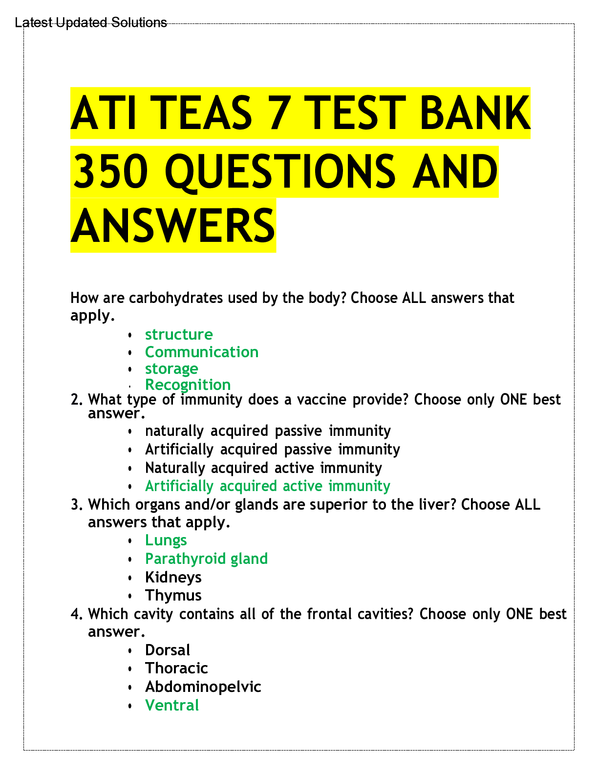 ATI TEAS 7 TEST BANK 350 SCIENCE QUESTIONS AND ANSWERS - Scholarfriends