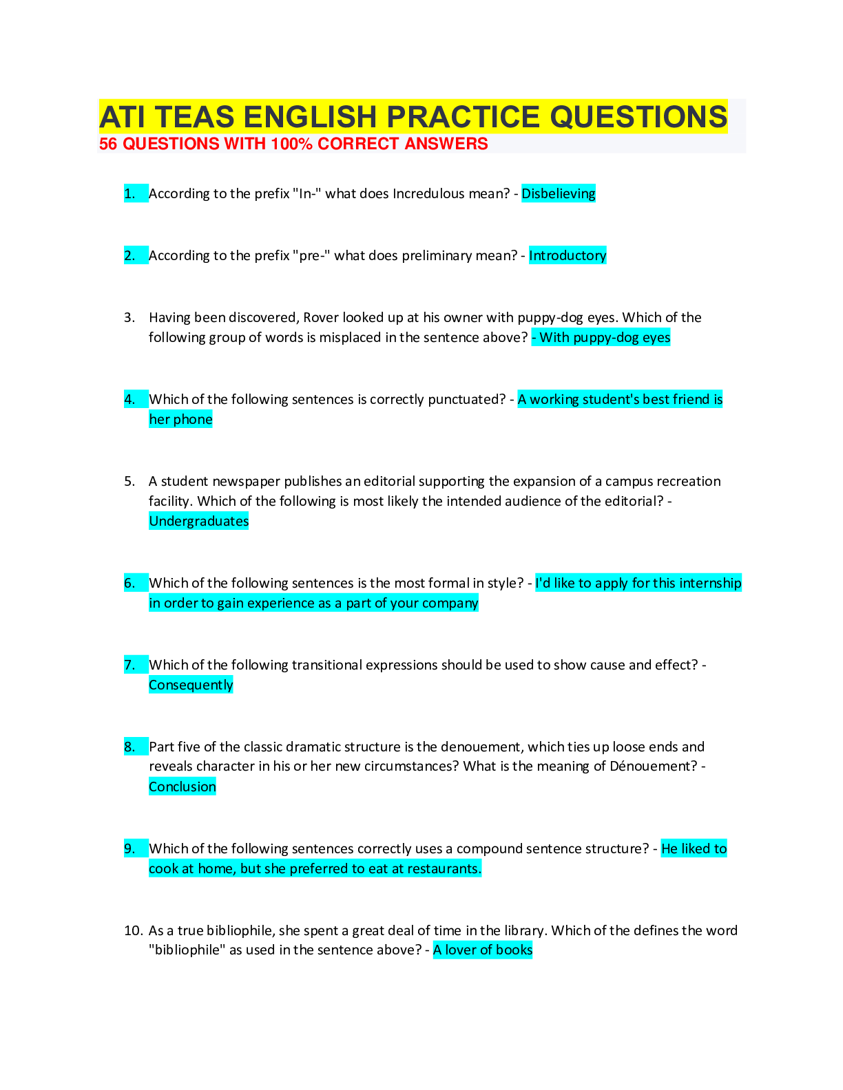 ATI TEAS ENGLISH PRACTICE QUESTIONS 56 QUESTIONS WITH 100% CORRECT ...