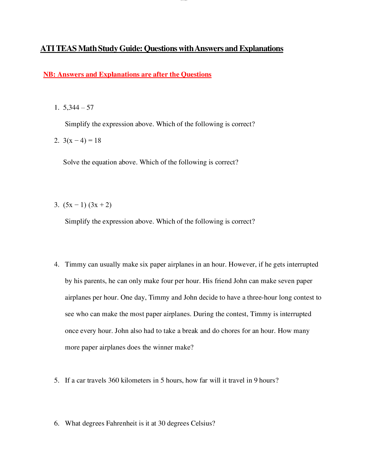 ATI TEAS Math Study Guide: Questions with Answers and Explanations ...