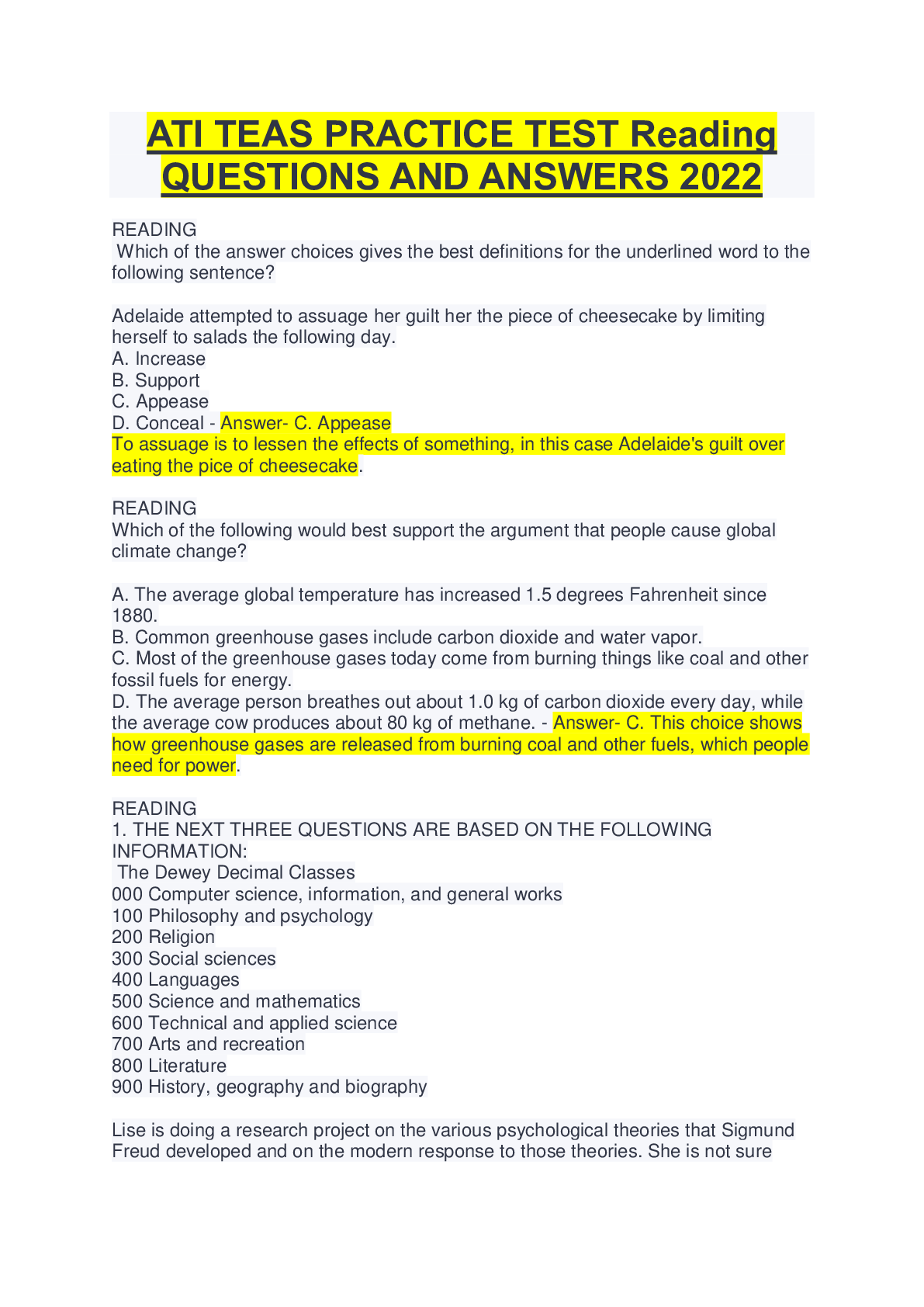 ATI TEAS PRACTICE TEST Reading QUESTIONS AND ANSWERS 2022 - Scholarfriends