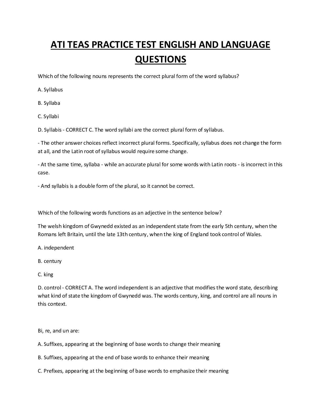 ATI TEAS PRACTICE TEST ENGLISH AND LANGUAGE QUESTIONS AND ANSWERS ...