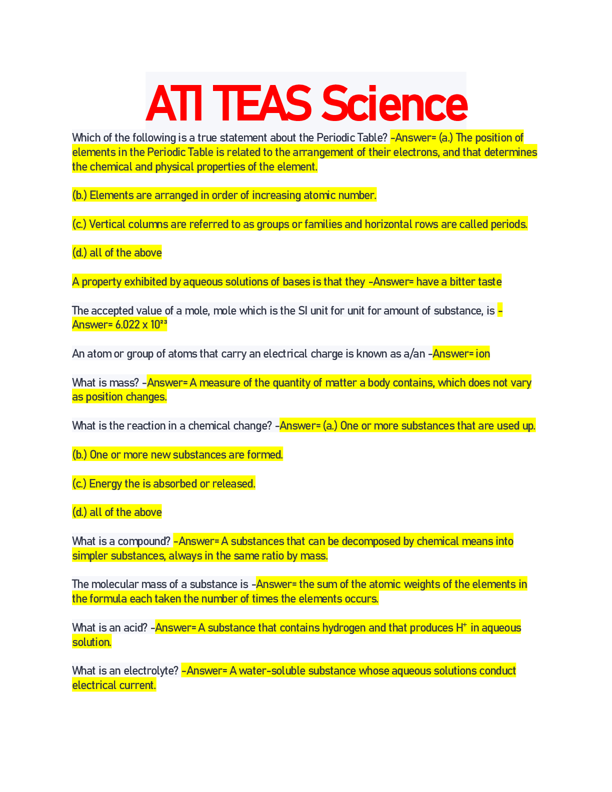 ATI TEAS Science (Test 2) QUESTIONS AND ANSWERS 2022 - Scholarfriends