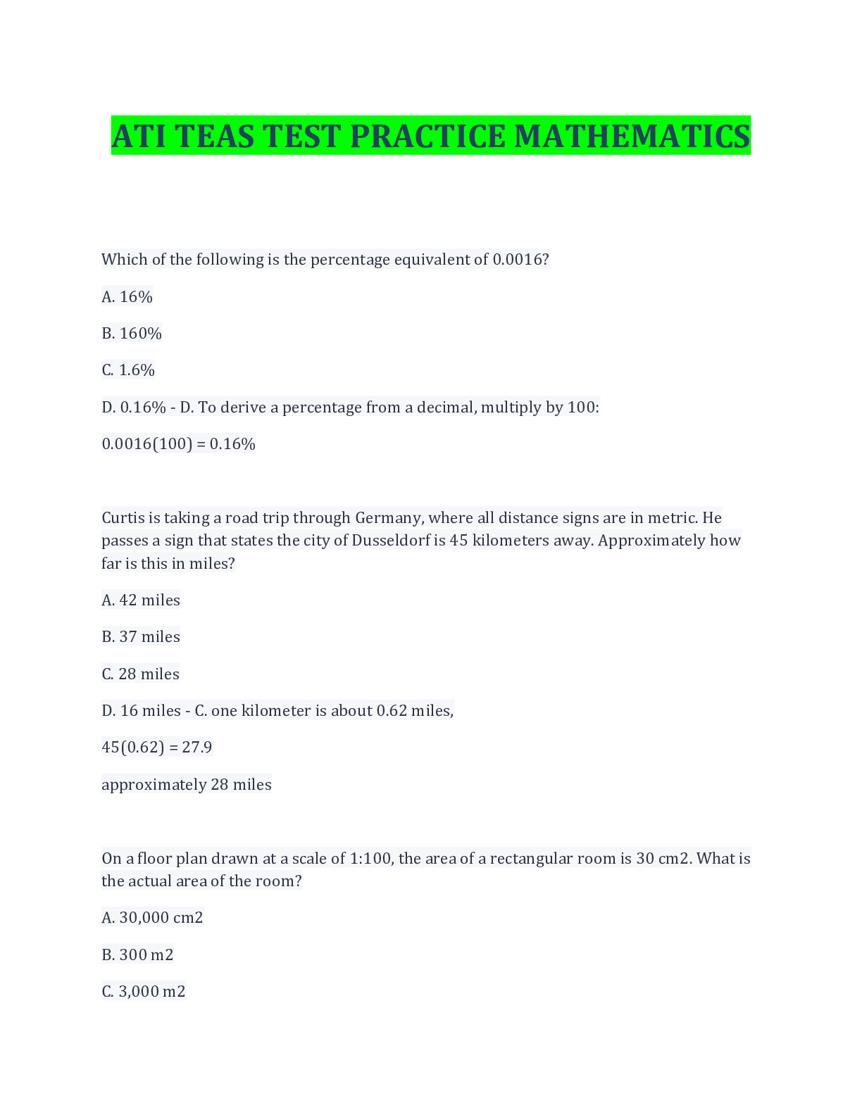ATI TEAS TEST PRACTICE Mathematics 2022 LATEST UPDATE - Scholarfriends