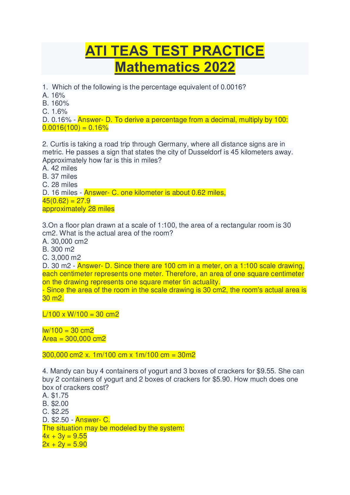 ATI TEAS TEST PRACTICE Mathematics 2022 - Scholarfriends