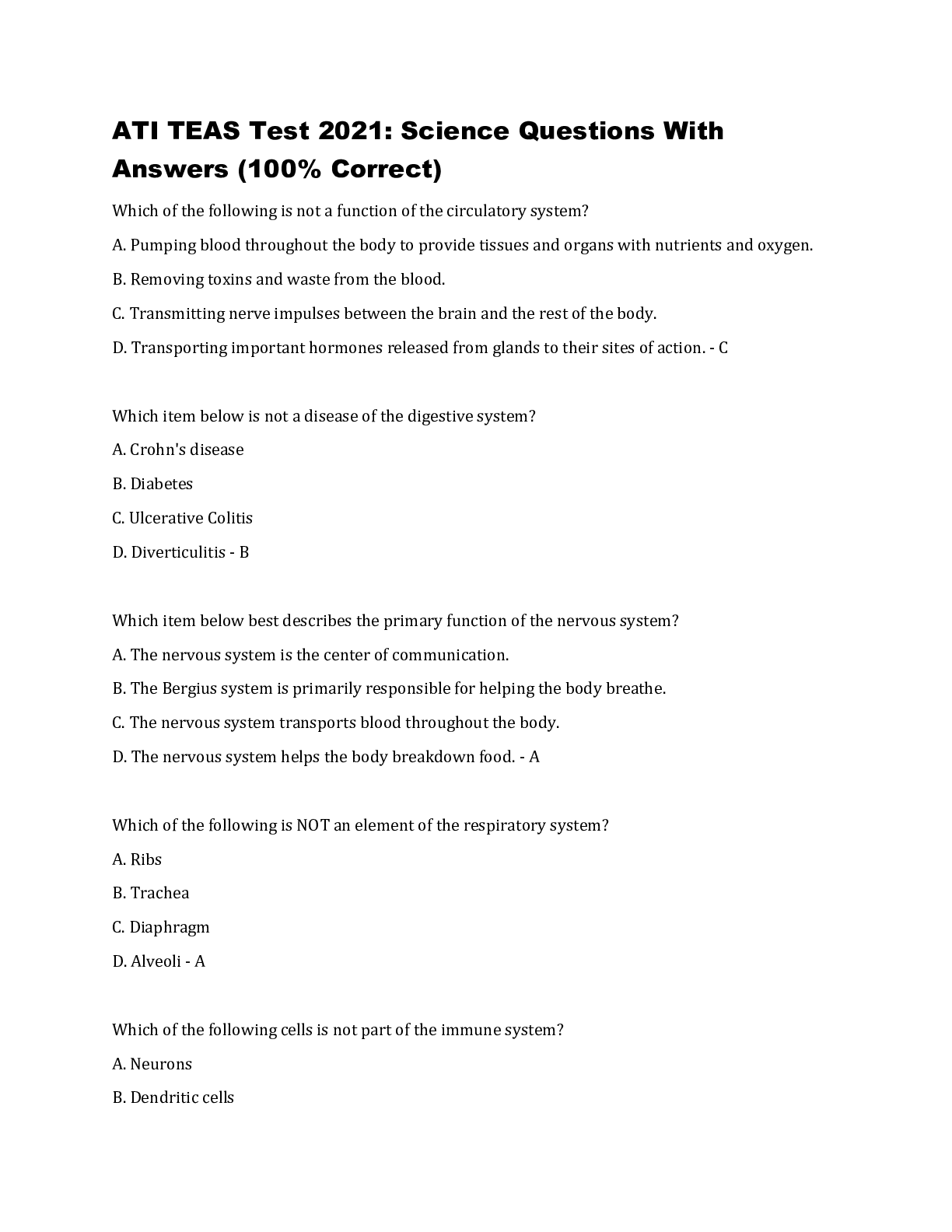 ATI TEAS Science Questions with Answers - Scholarfriends