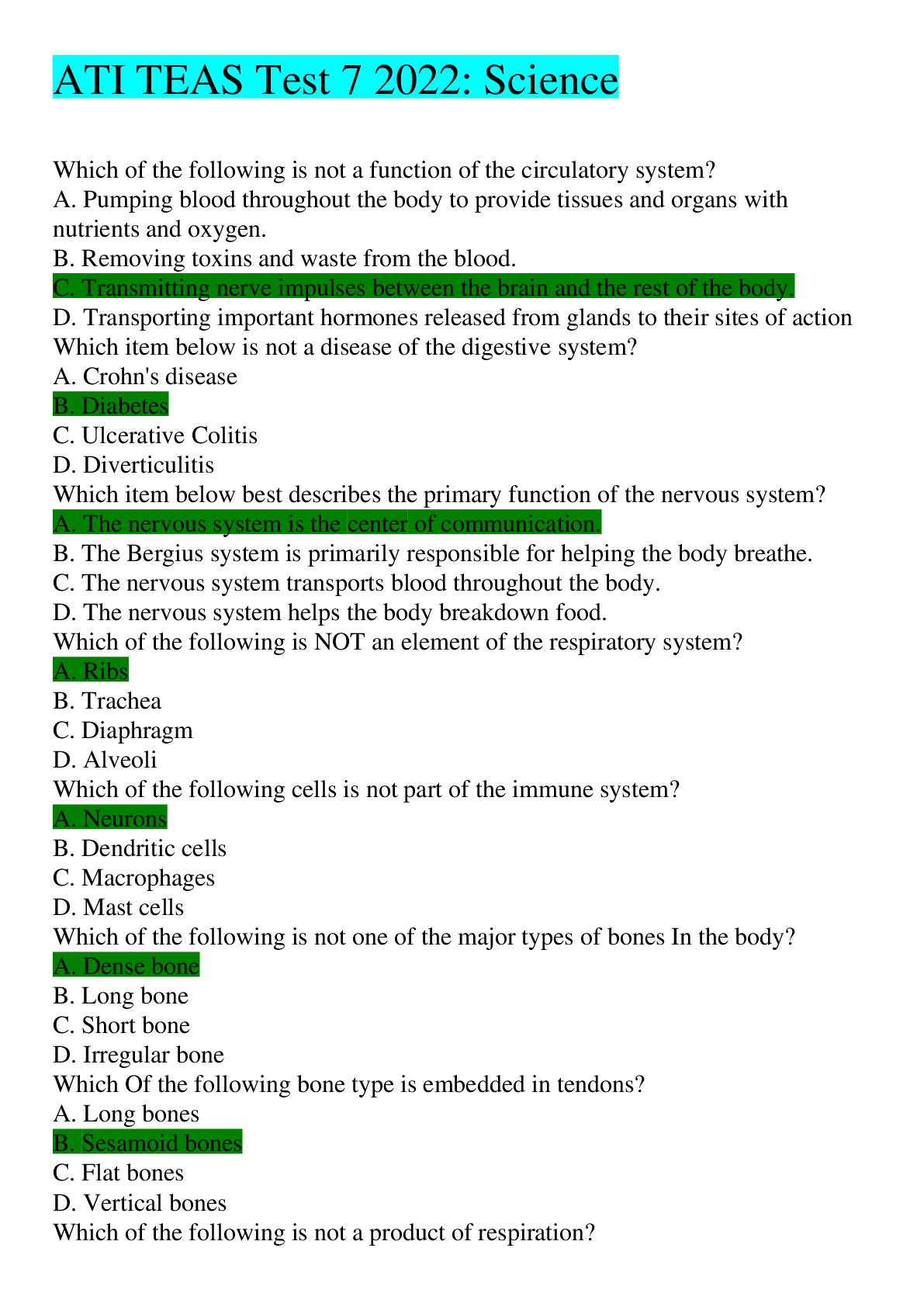 ATI TEAS Test 7 Science - Scholarfriends