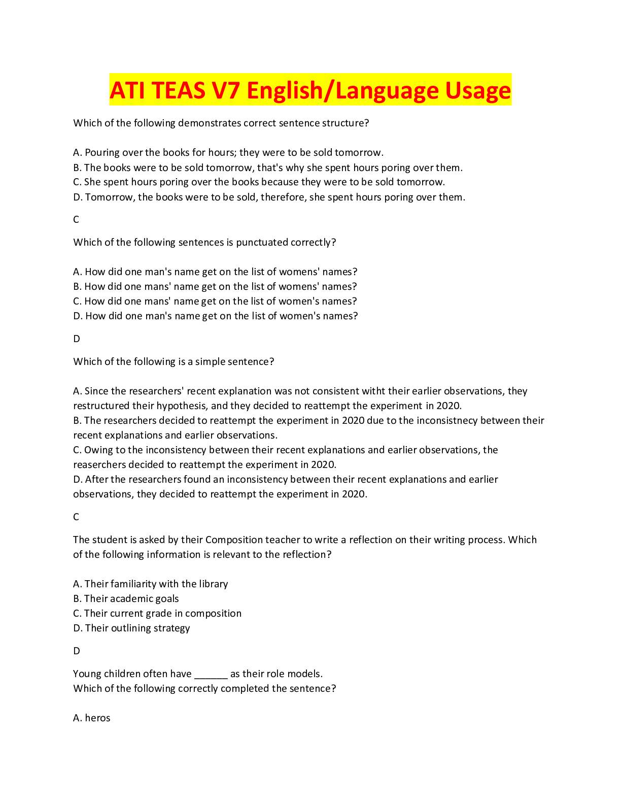 ATI TEAS V7 English/Language Usage - Scholarfriends