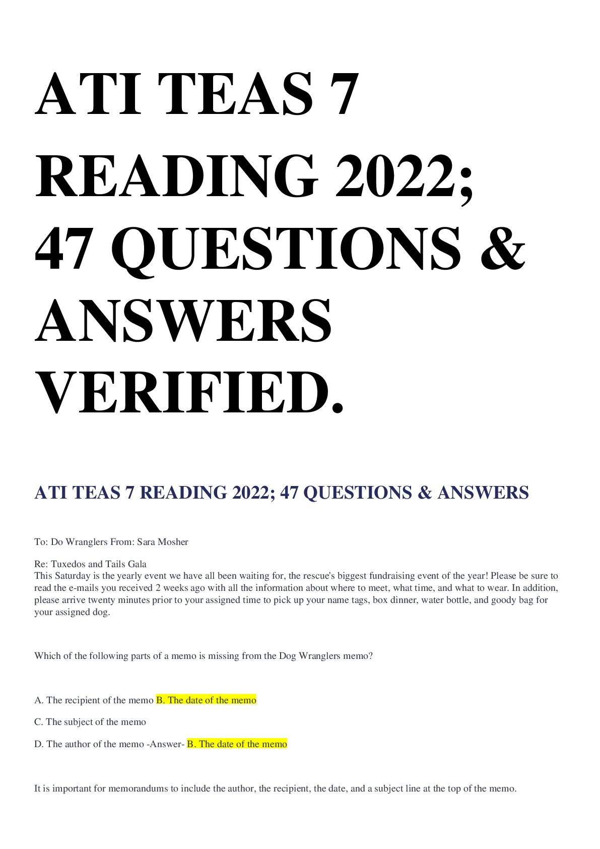 ATI TEAS Version 7 Exam Reading 2022. - Scholarfriends