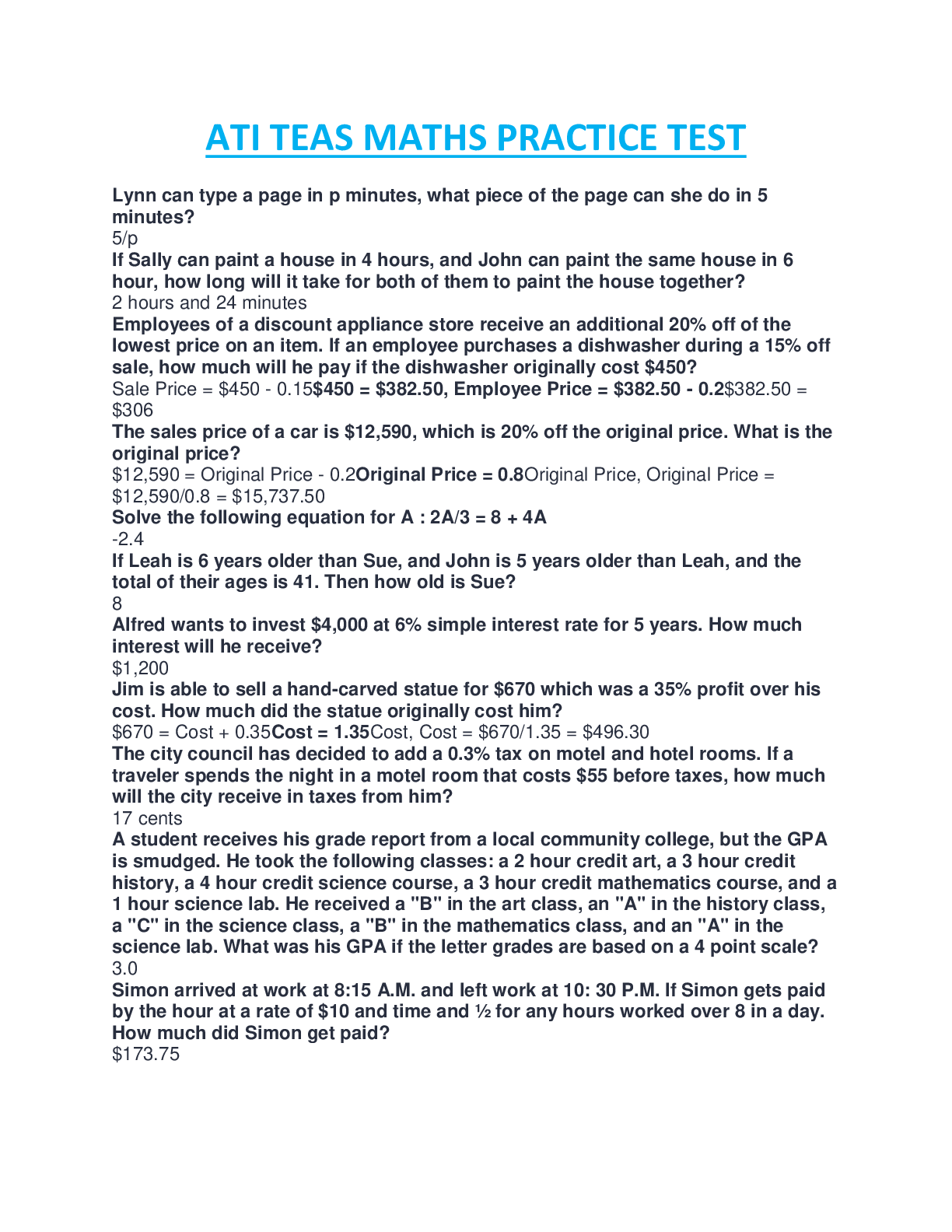 ATI TEAS EXAM TEST (MATHEMATICS) WITH NEW UPDATED QUESTIONS AND ANSWERS ...