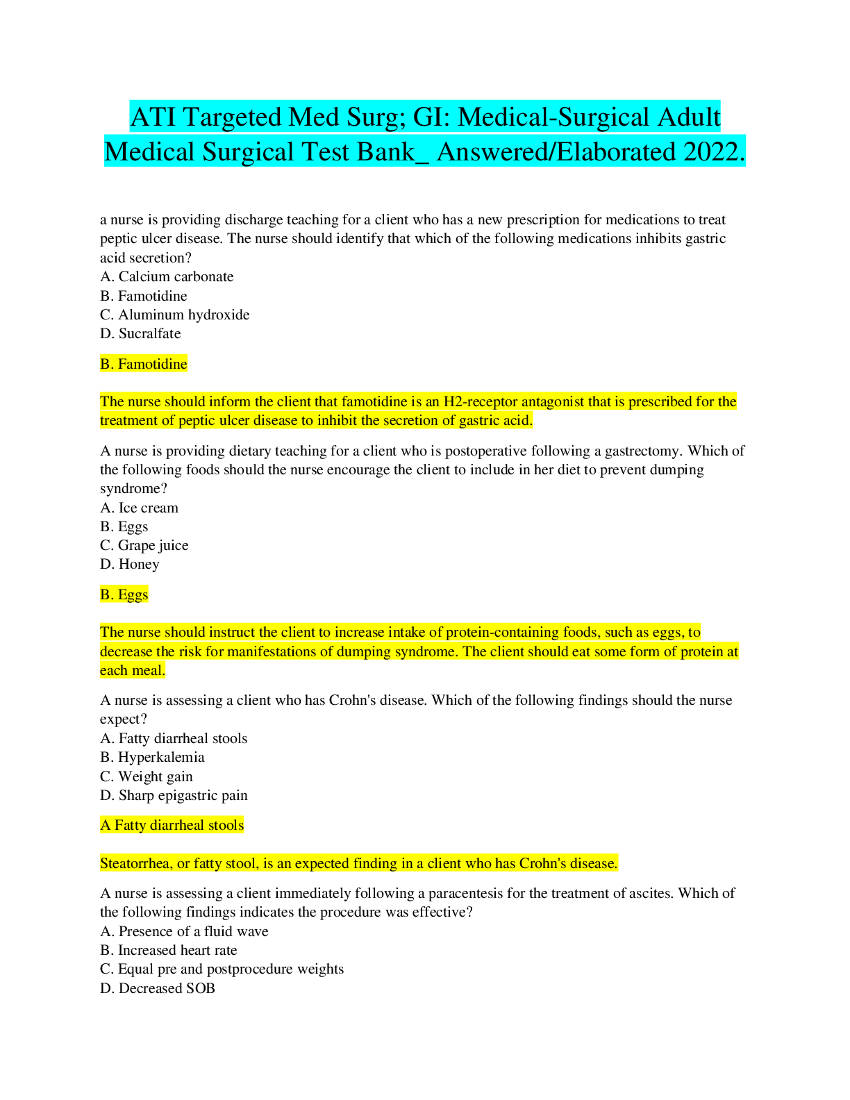 ATI Targeted Med Surg; GI: Medical-Surgical Adult Medical Surgical Test ...