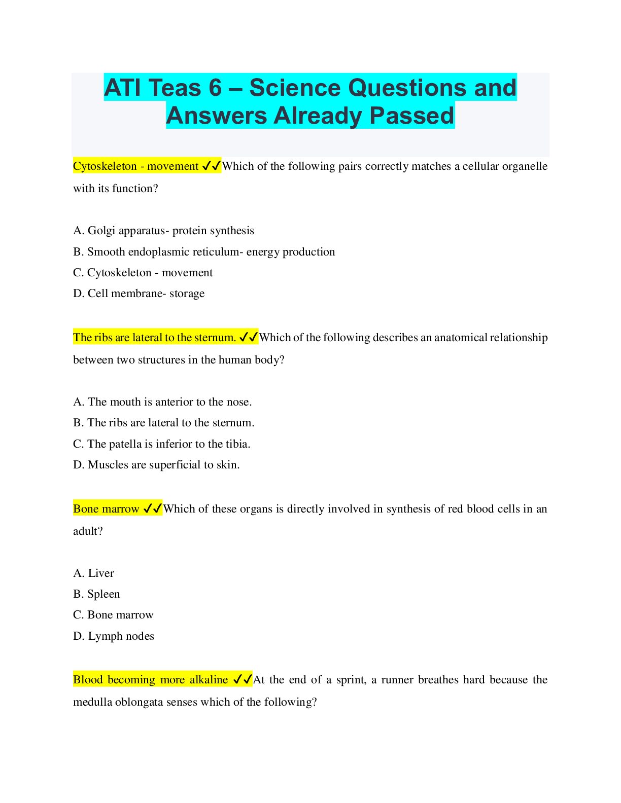ATI Teas 6 – Science Questions and Answers Already Passed - Scholarfriends