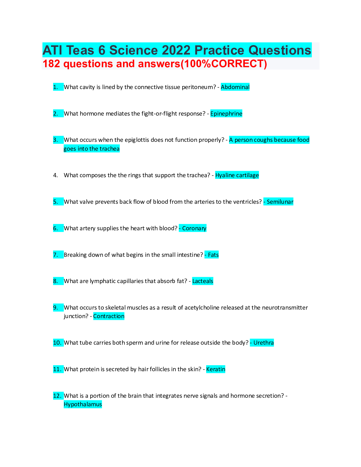 ATI Teas 6 Science 2022 Practice Questions 182 questions and answers ...