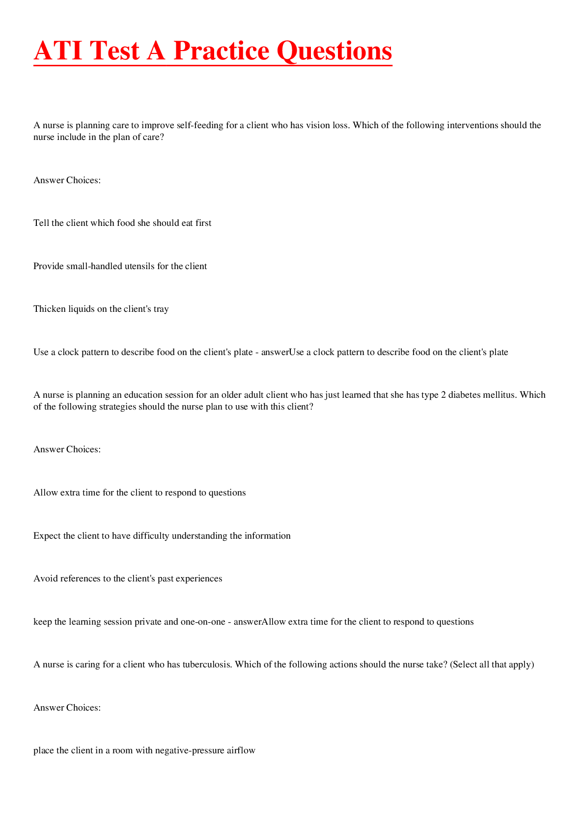 ATI Test A Practice Questions - Scholarfriends