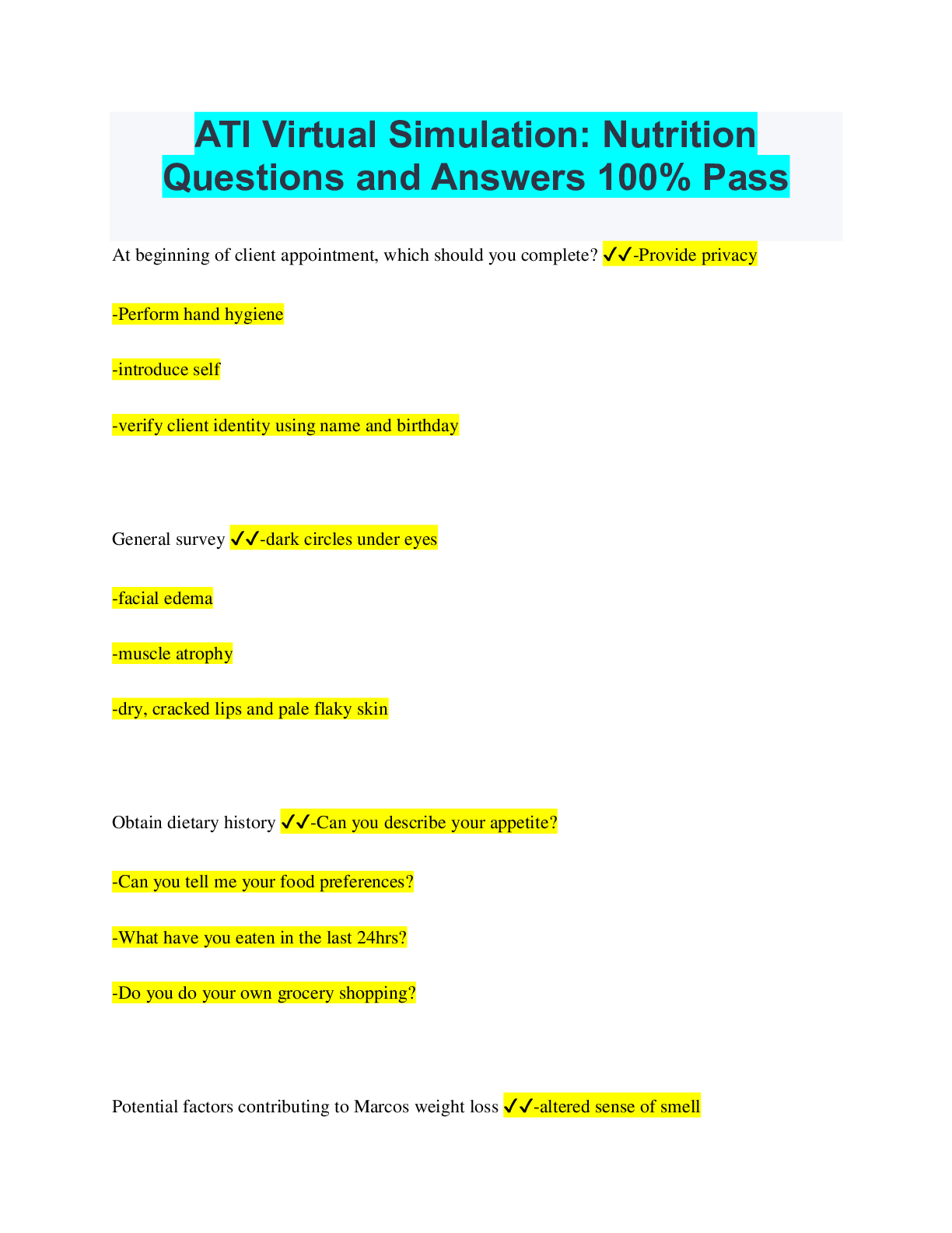 ATI Virtual Simulation: Nutrition Questions and Answers 100% Pass ...