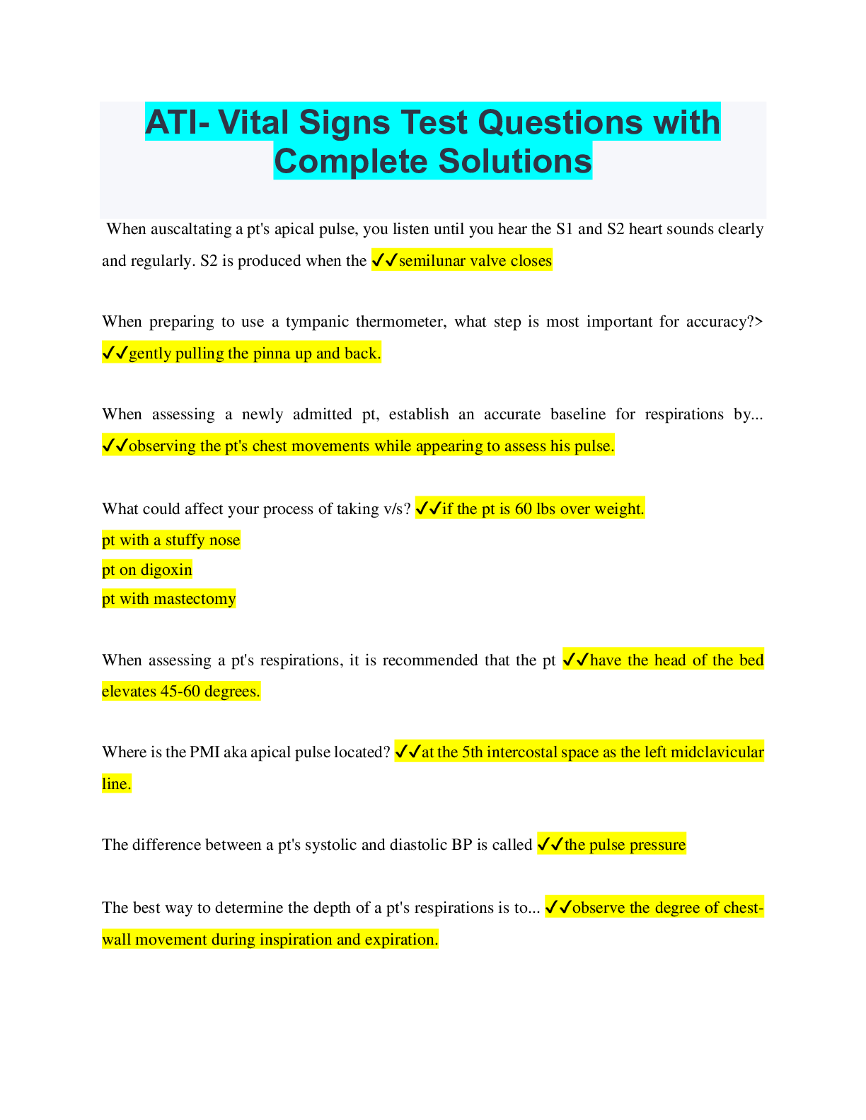 ATI- Vital Signs Test Questions with Complete Solutions - Scholarfriends