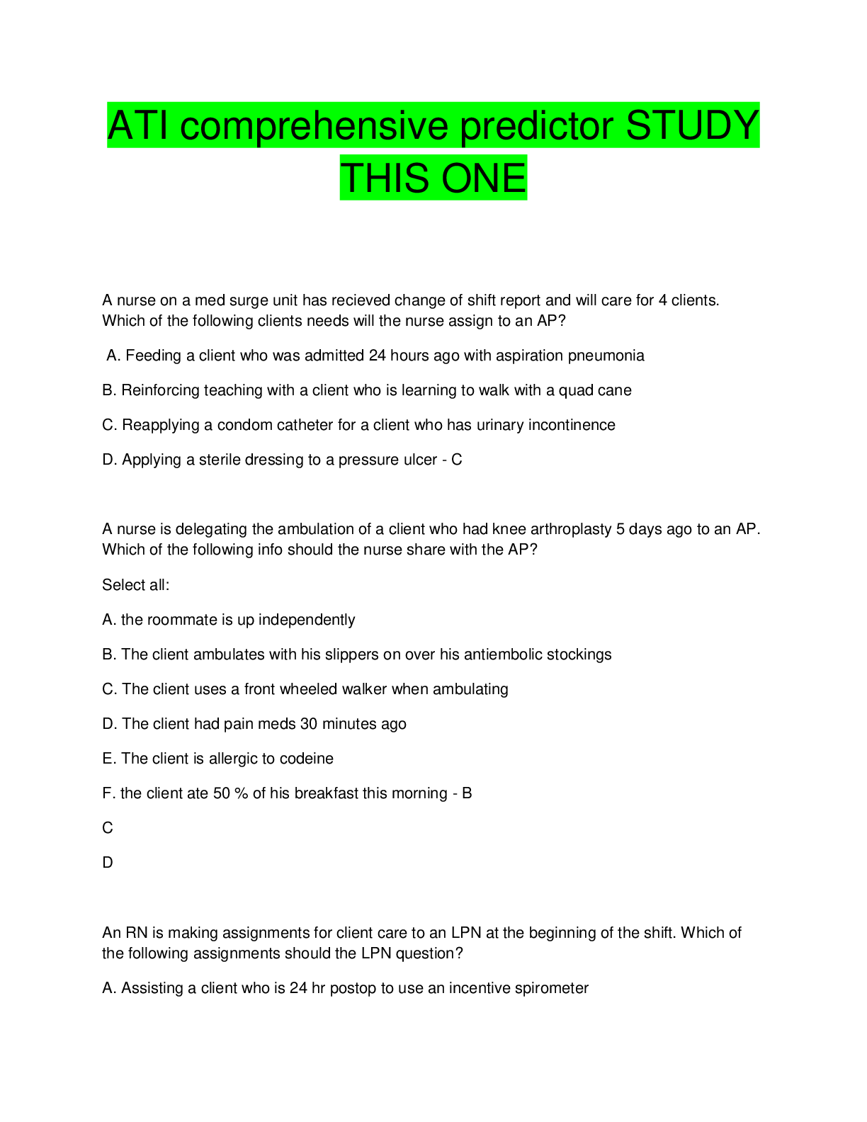 ATI comprehensive predictor STUDY THIS ONE _A+ Guide_ 2022 ...