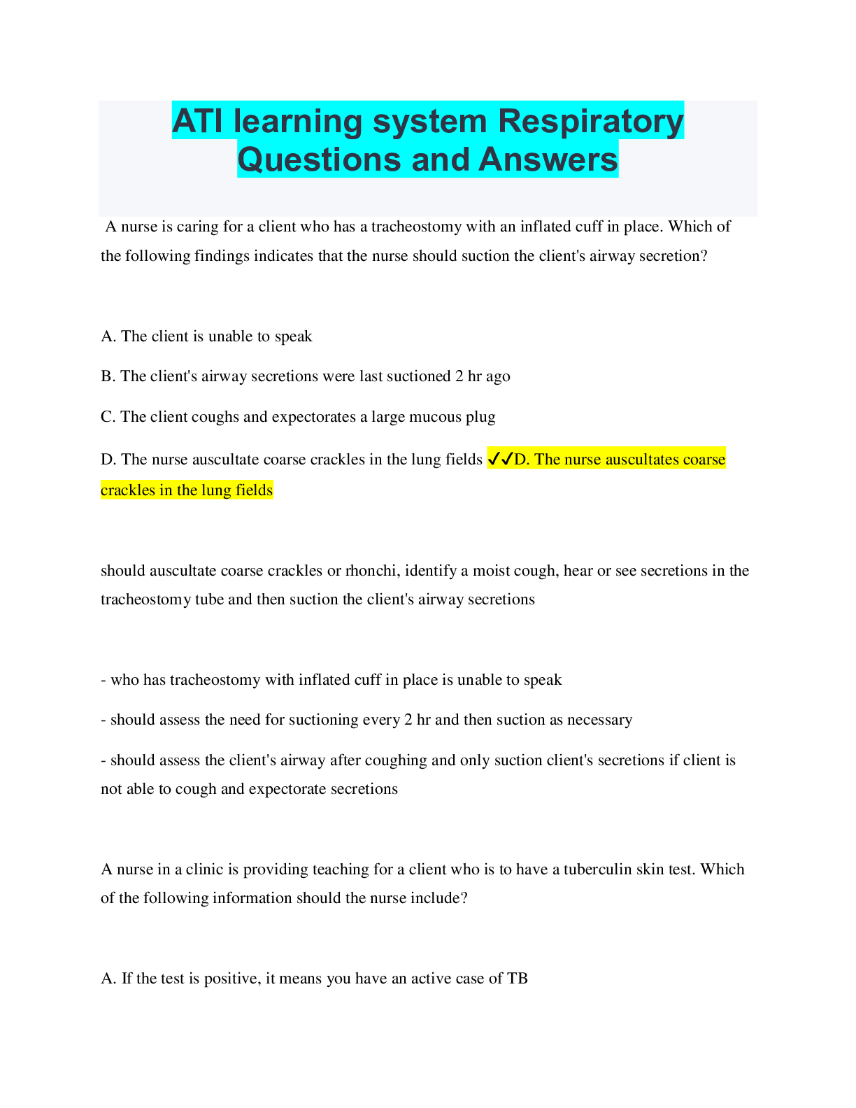 ATI learning system Respiratory Questions and Answers - Scholarfriends