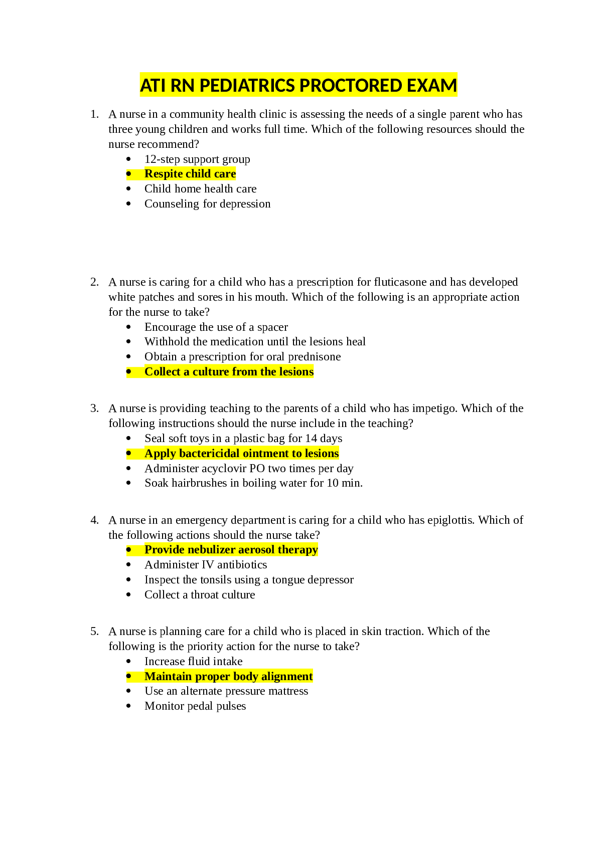 ATI pediatrics proctored exam VERSION 2 - Scholarfriends