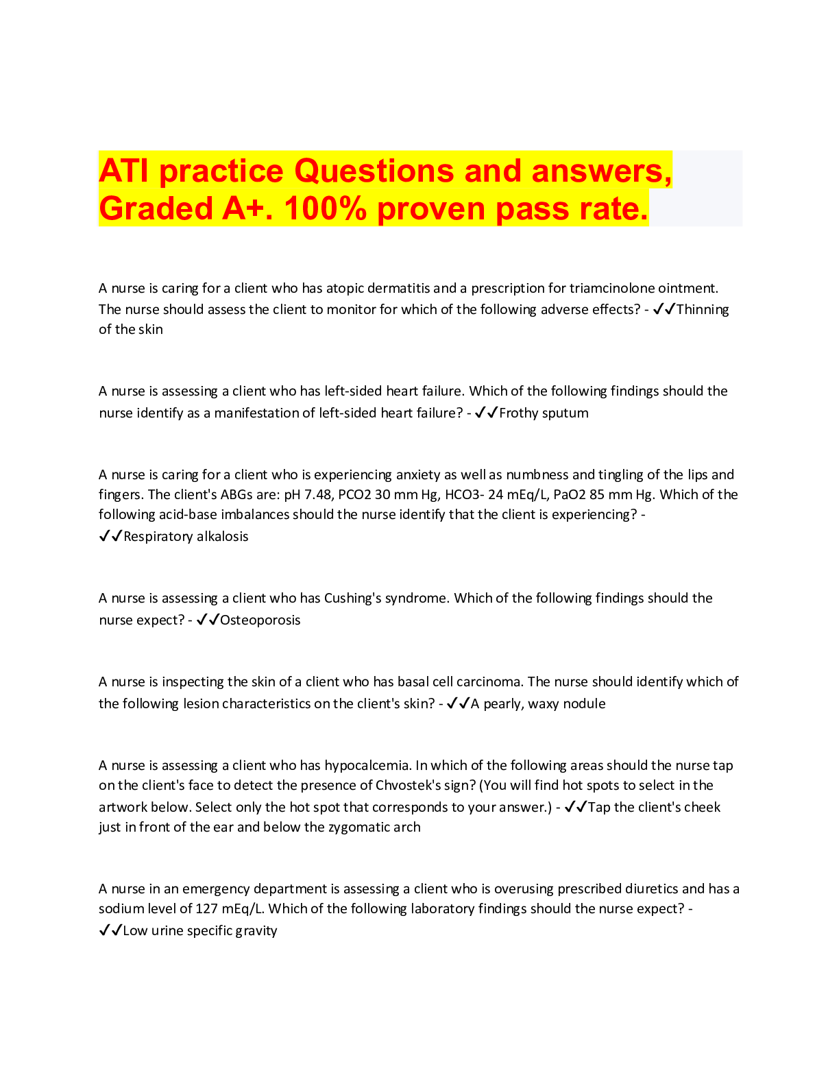 ATI practice Questions and answers, Graded A+. 100% proven pass rate ...