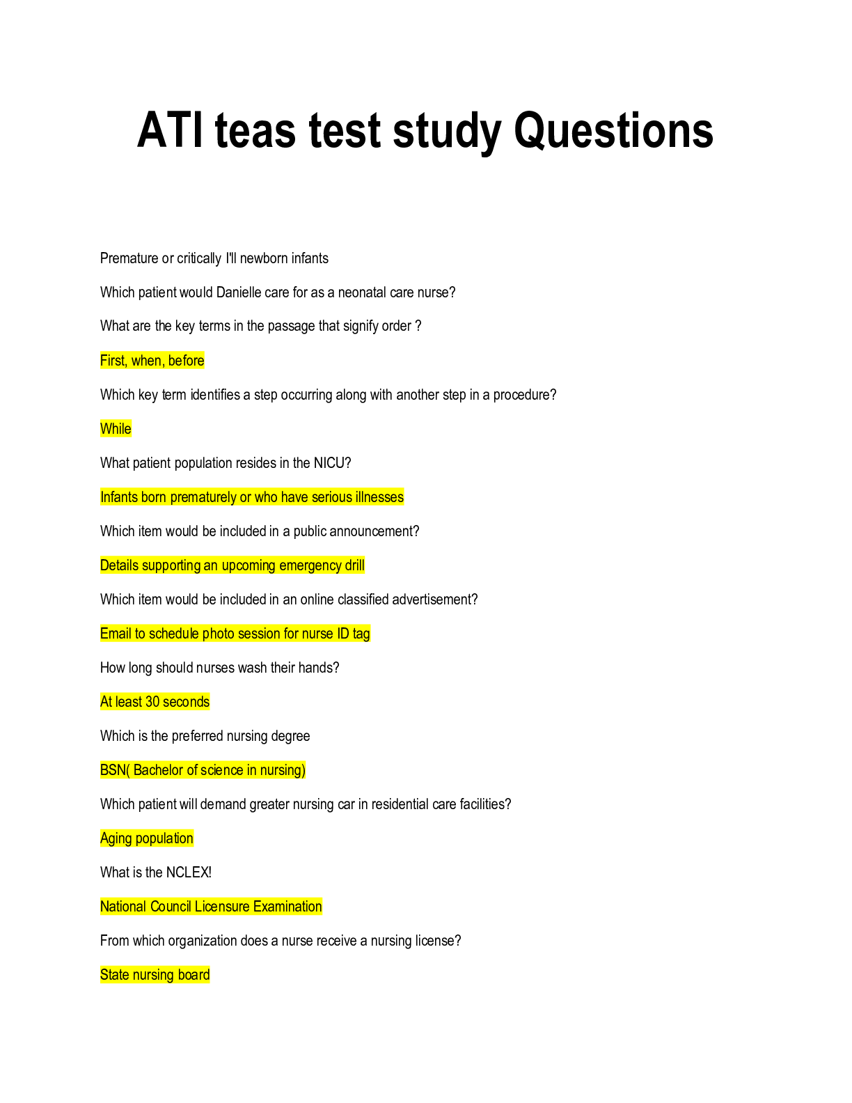 ATI teas test study Questions - Scholarfriends