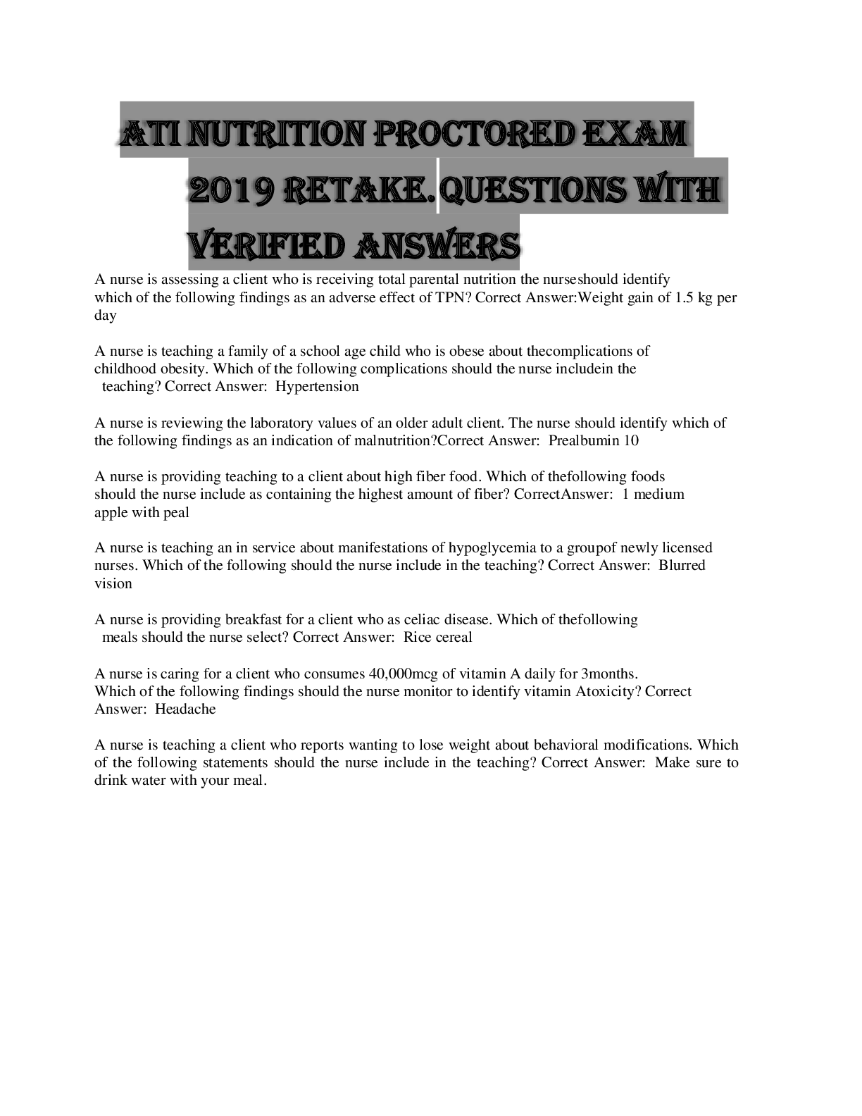 Ati Nutrition Proctored Exam 2019
