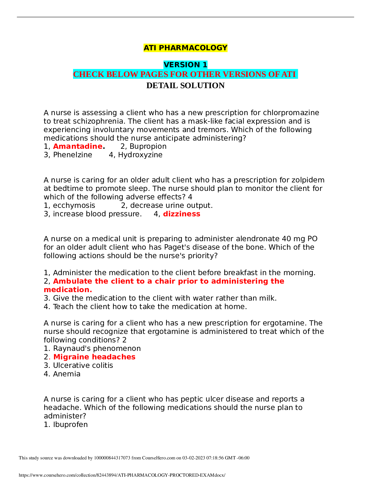 ATI_PHARMACOLOGY_PROCTORED_EXAM VERSION 1 – Scholarfriends - Scholarfriends