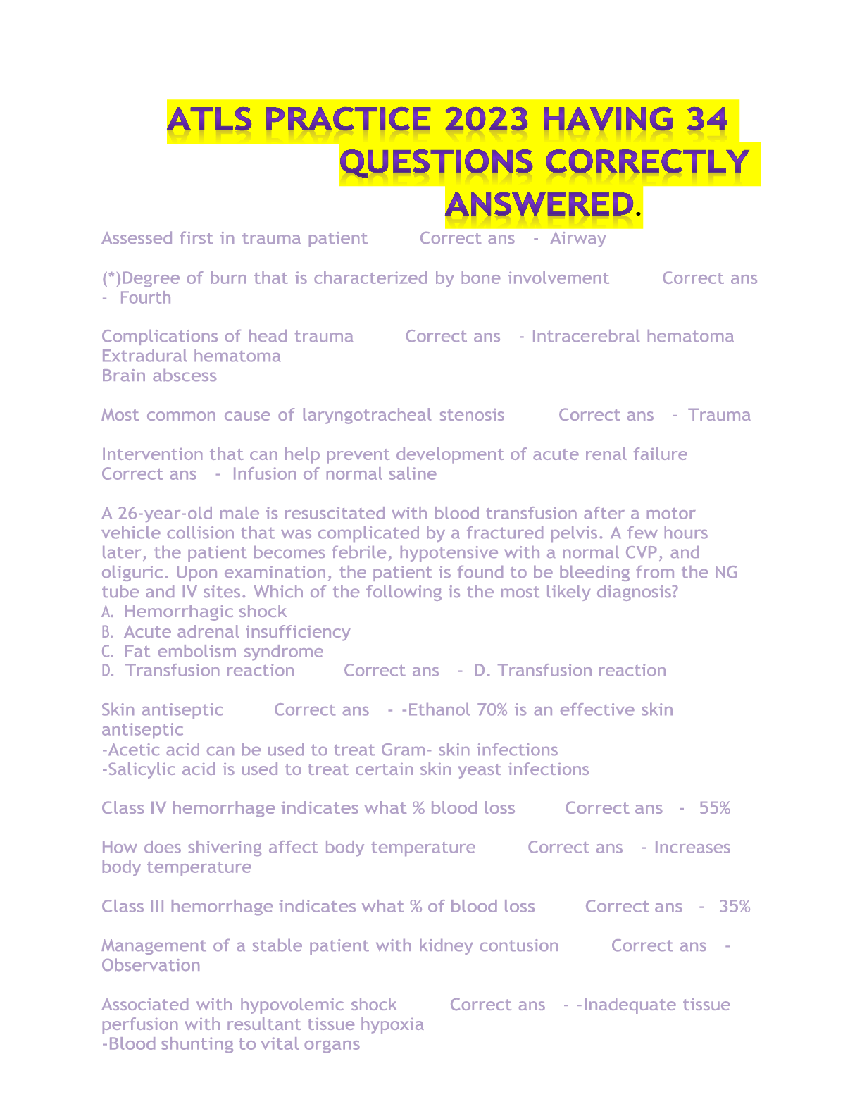ATLS PRACTICE 2023 HAVING 34 QUESTIONS CORRECTLY ANSWERED ...