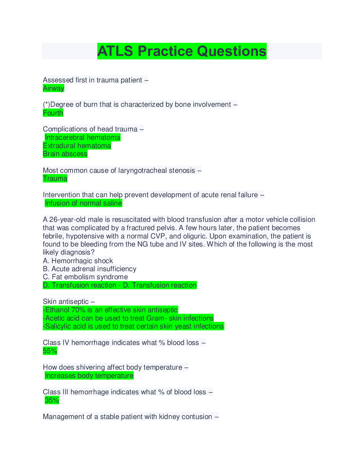 ATLS practice questions and Answers (2022/2023) Verified Answers ...