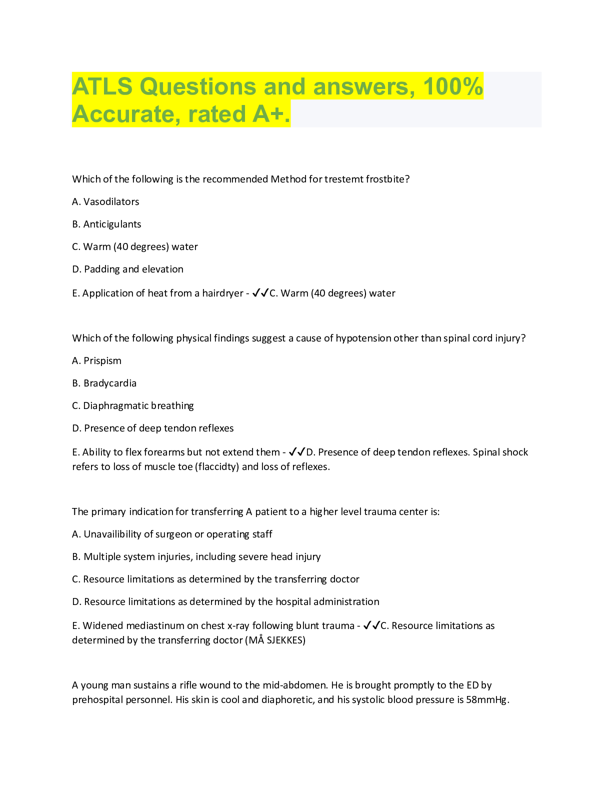 ATLS Questions and answers, 100% Accurate, rated A+. - Scholarfriends