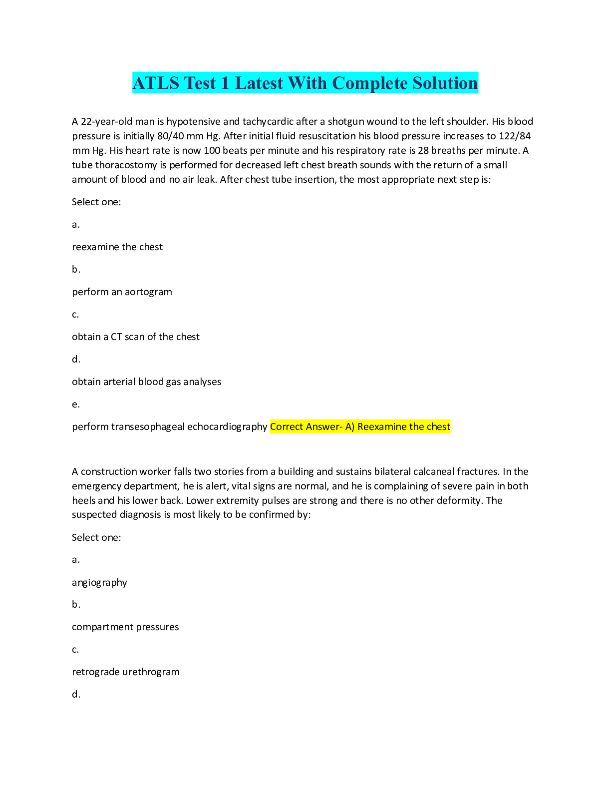 ATLS Test 1 Latest With Complete Solution - Scholarfriends