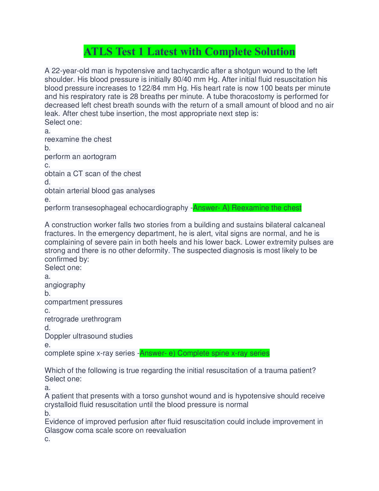 ATLS Test 1 Latest With Complete Solution - Scholarfriends