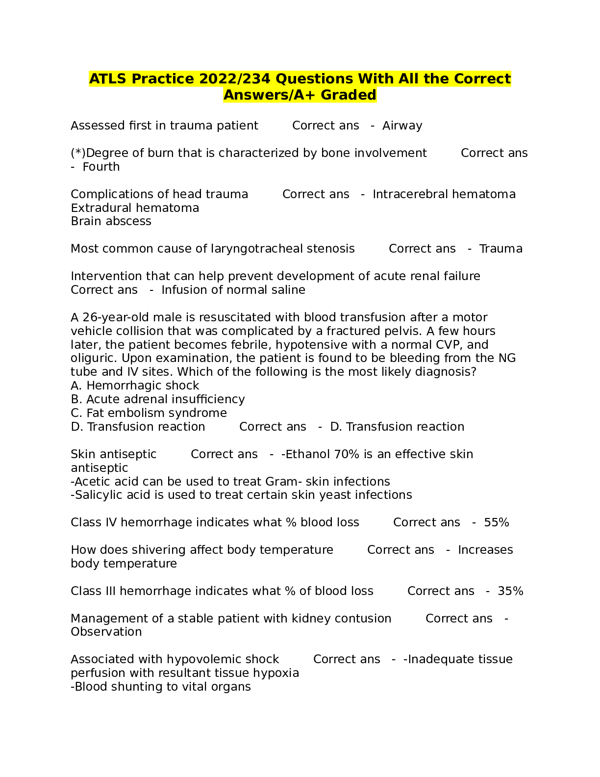 ATLS practice 2022 Questions with All the Correct Answers - Scholarfriends