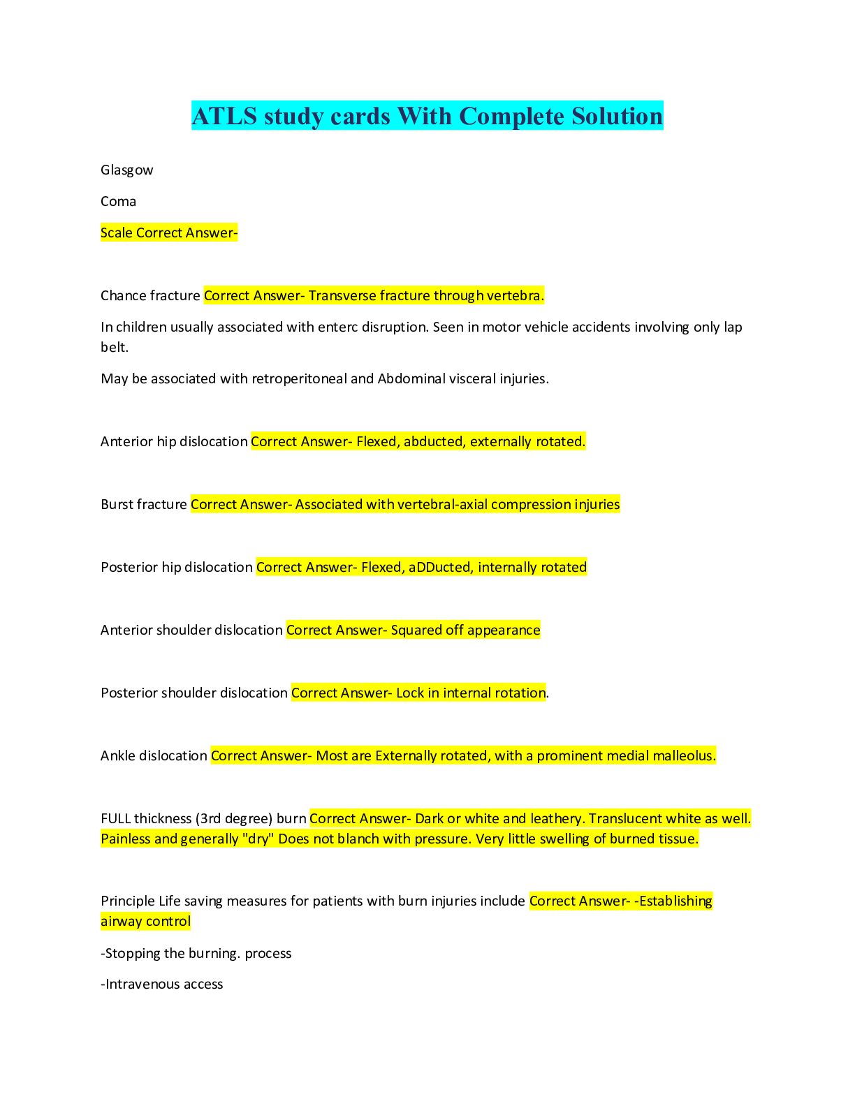 ATLS study cards With Complete Solution – Scholarfriends - Scholarfriends