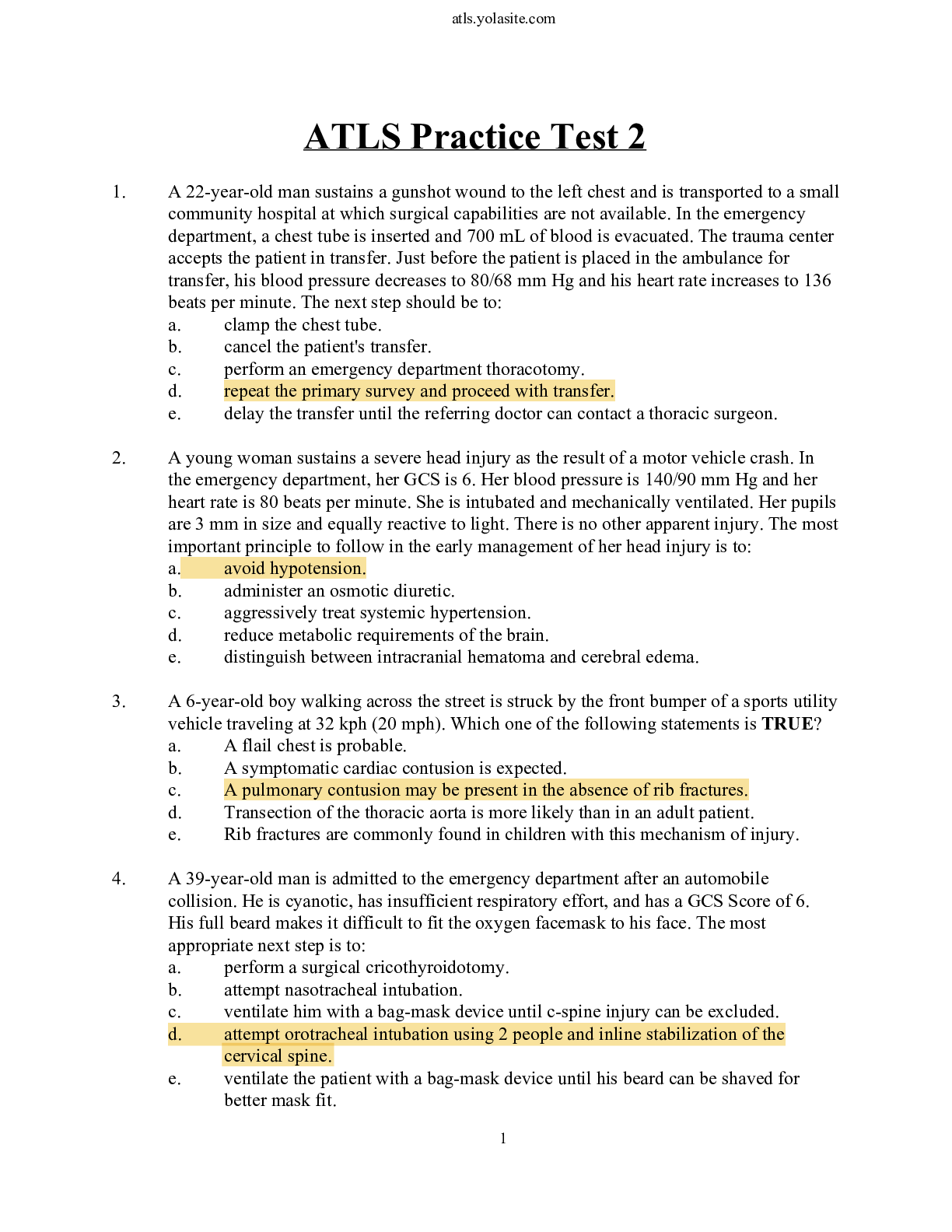 ATLS2 PRACTICE TEST 2 - Advanced Trauma Life Support - Scholarfriends