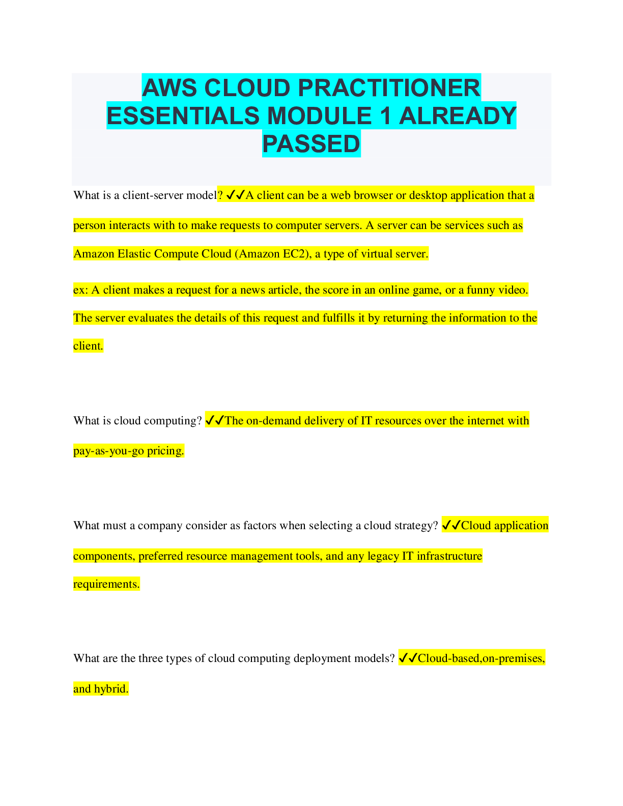 AWS CLOUD PRACTITIONER ESSENTIALS MODULE 1 ALREADY PASSED - Scholarfriends