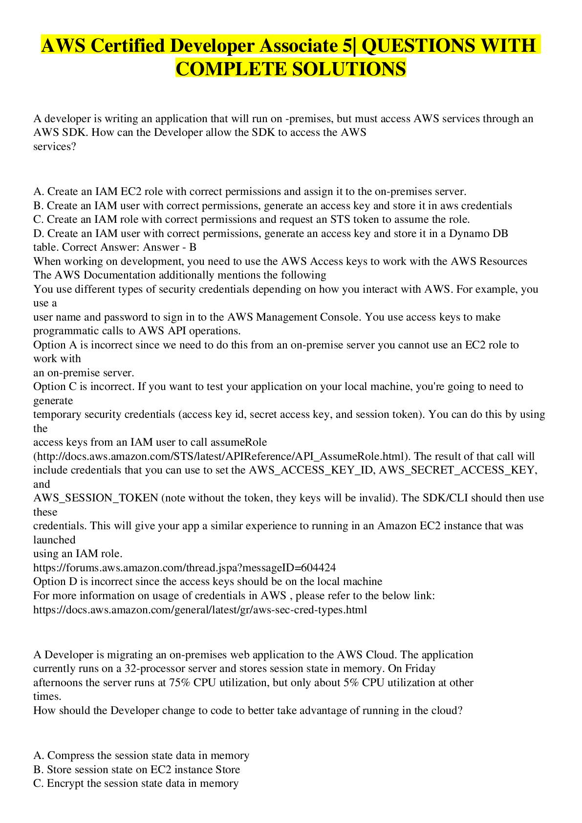 AWS Certified Developer Associate 5| QUESTIONS WITH COMPLETE SOLUTIONS ...