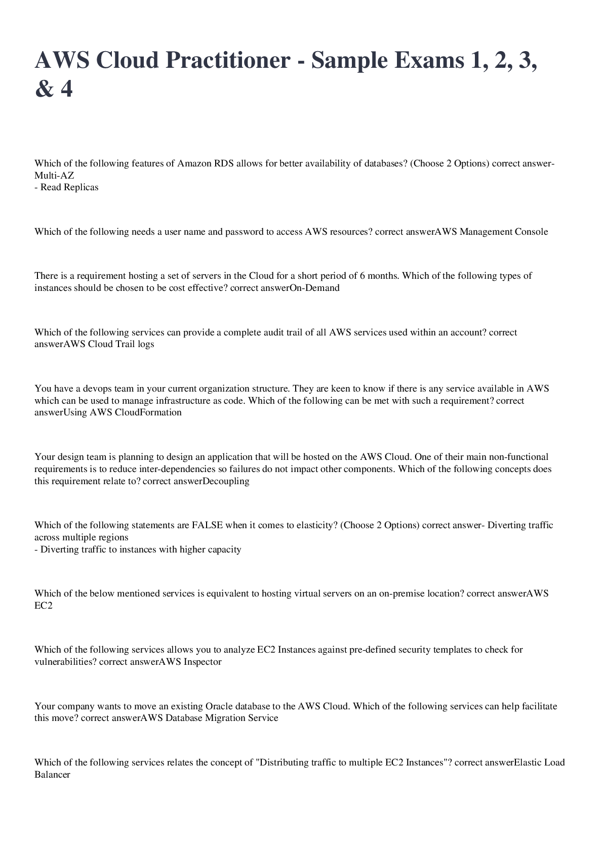 AWS Cloud Practitioner - Sample Exams 1, 2, 3, & 4 Questions And ...