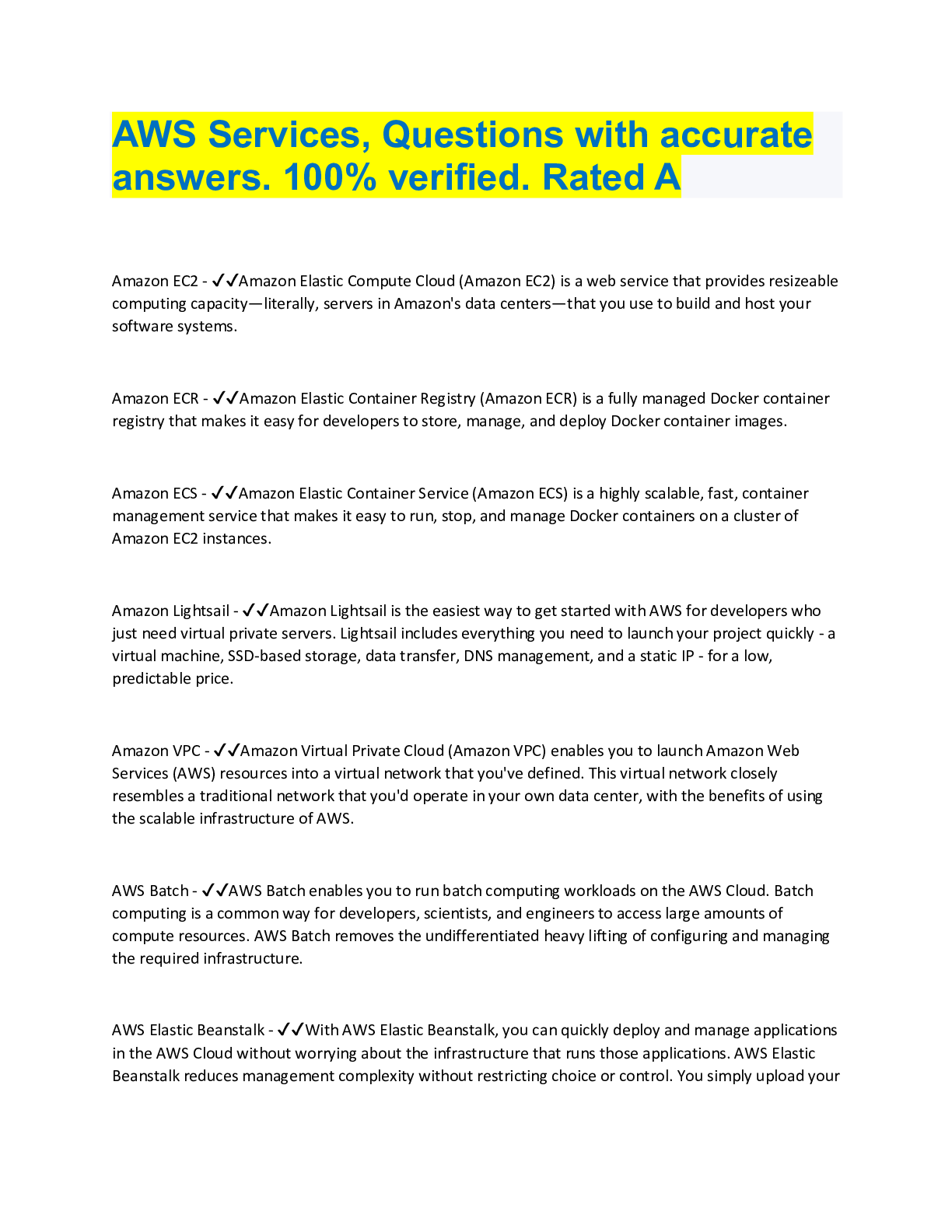 AWS Services, Questions with accurate answers. 100% verified. Rated A ...