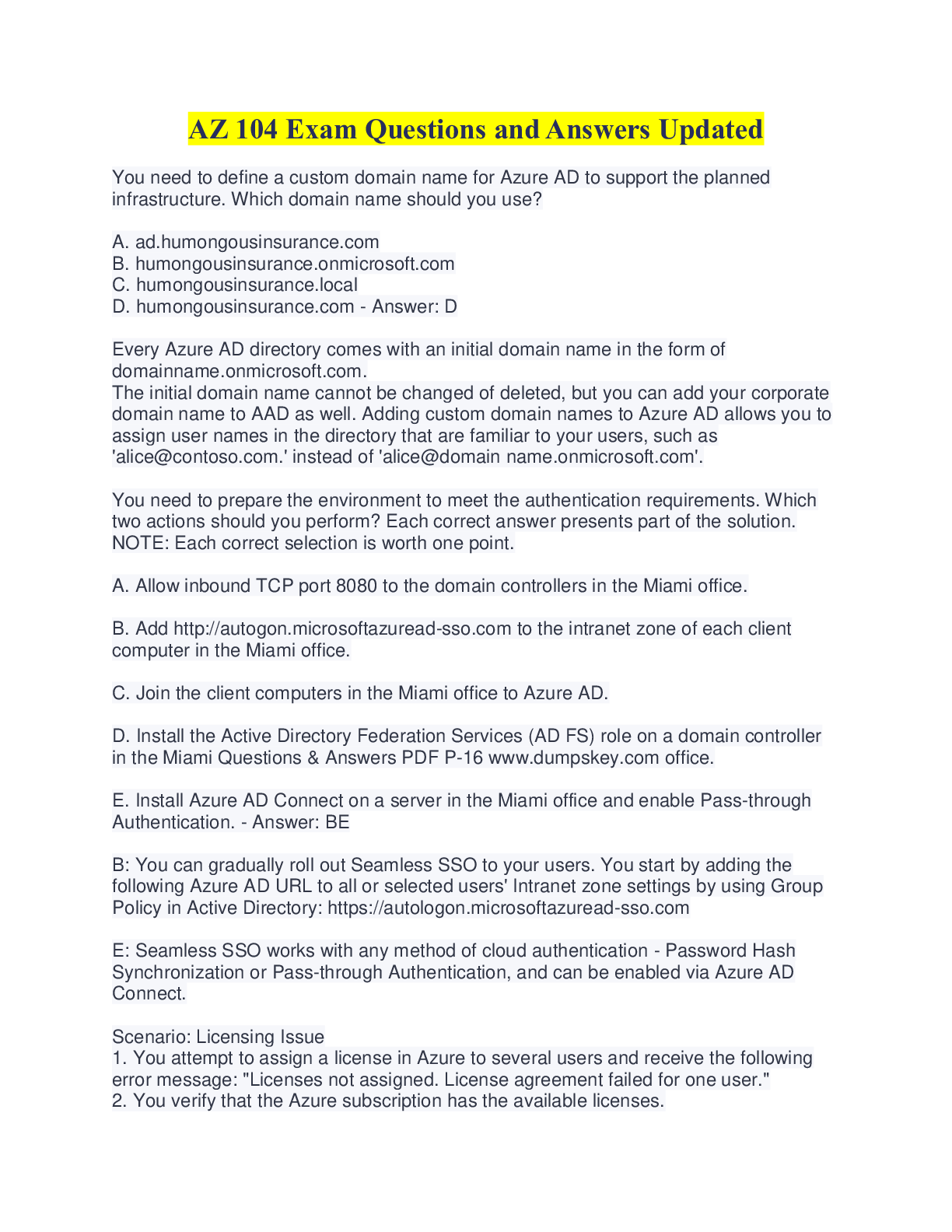 AZ 104 Exam Questions and Answers Updated. Questions with rationale ...