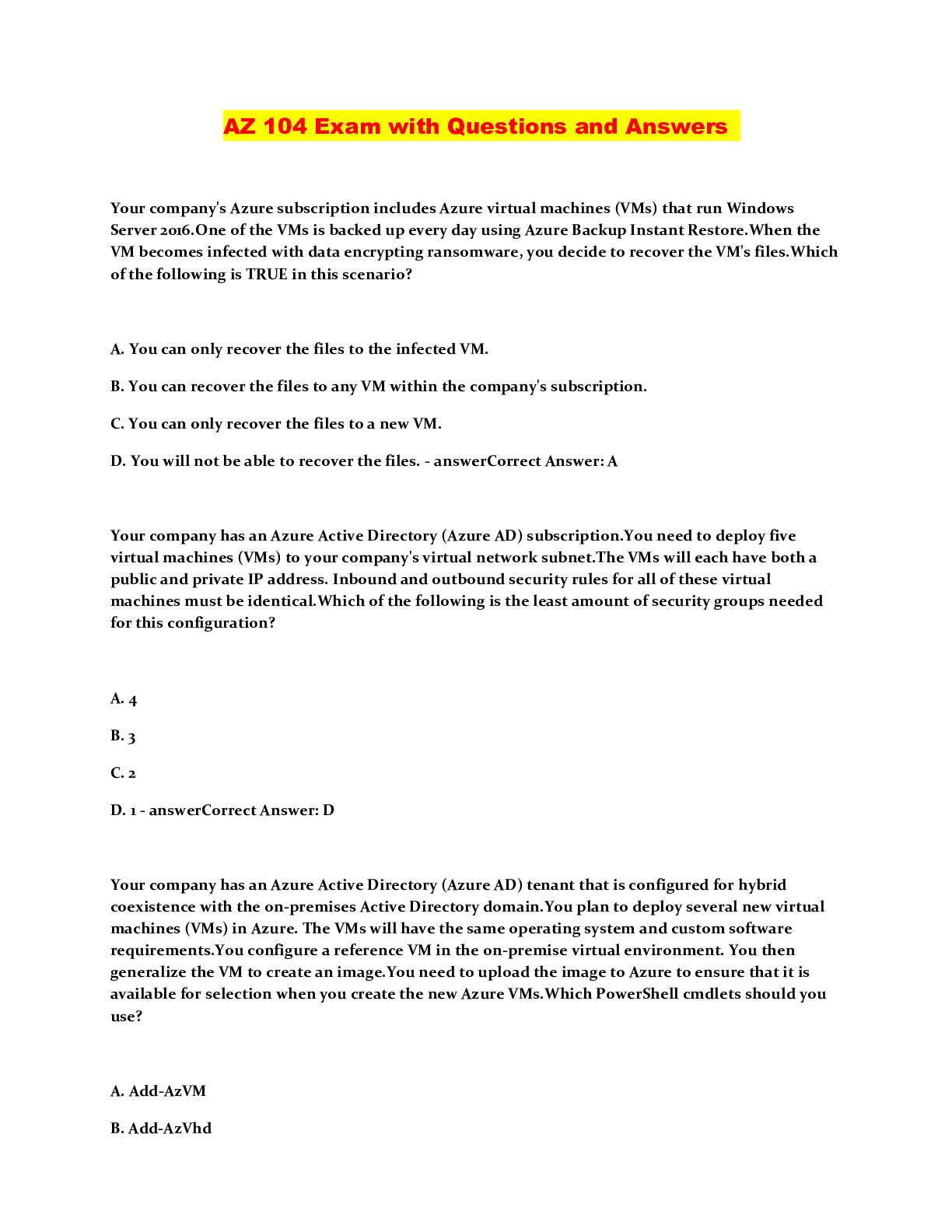 AZ 104 Exam with Questions and Answers – Scholarfriends - Scholarfriends
