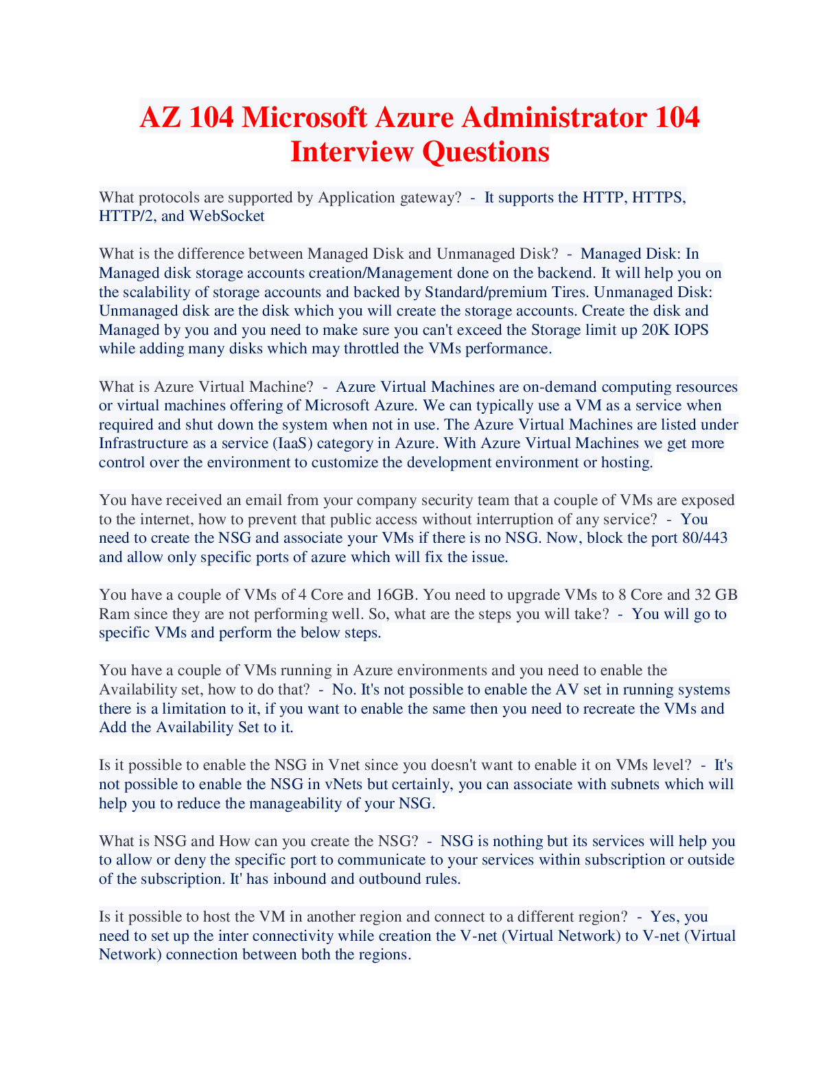AZ 104 Microsoft Azure Administrator 104 Interview Questions ...