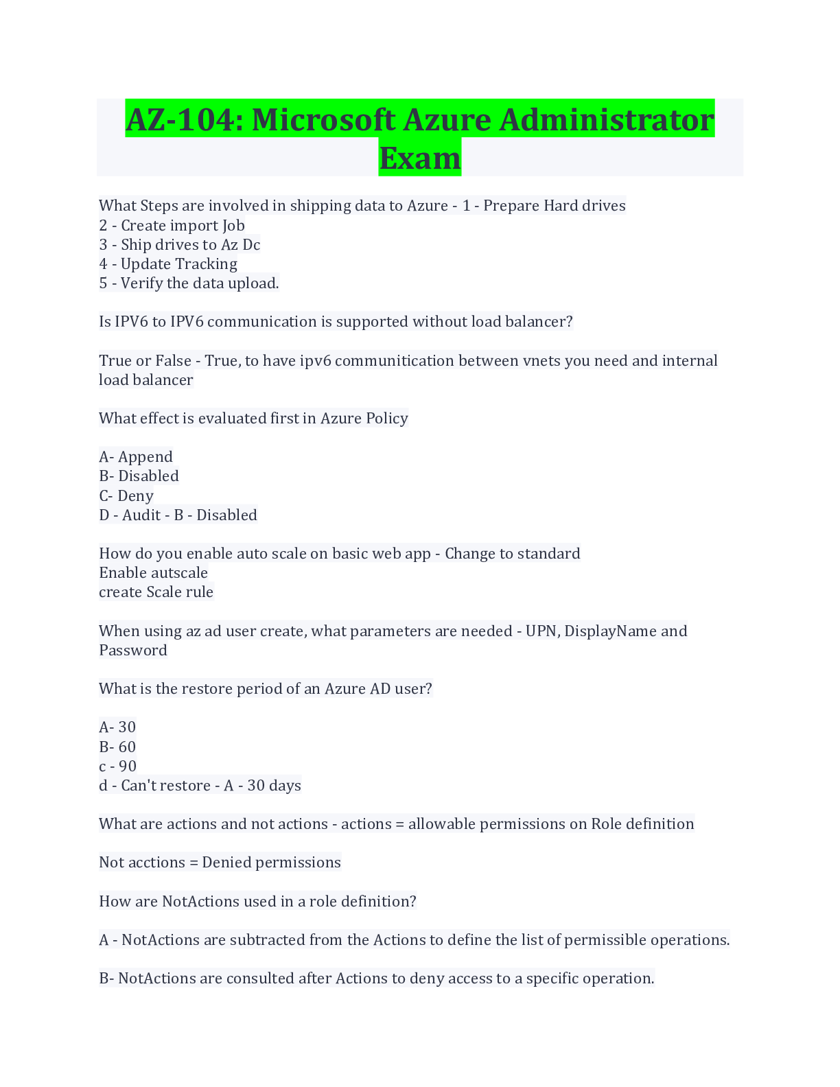 AZ-104: Microsoft Azure Administrator Exam Questions And Answers ...