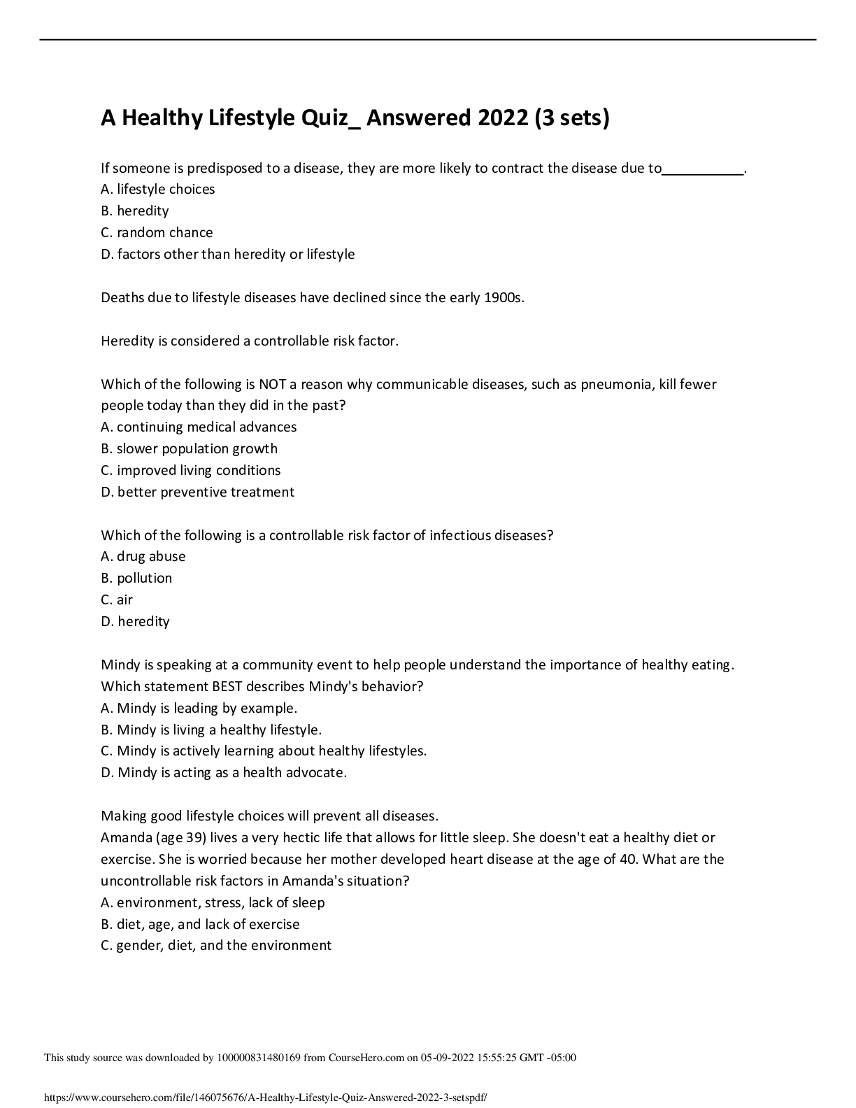 NUR 123 A Healthy Lifestyle Quiz Answered 2022 (3 sets ) - Scholarfriends