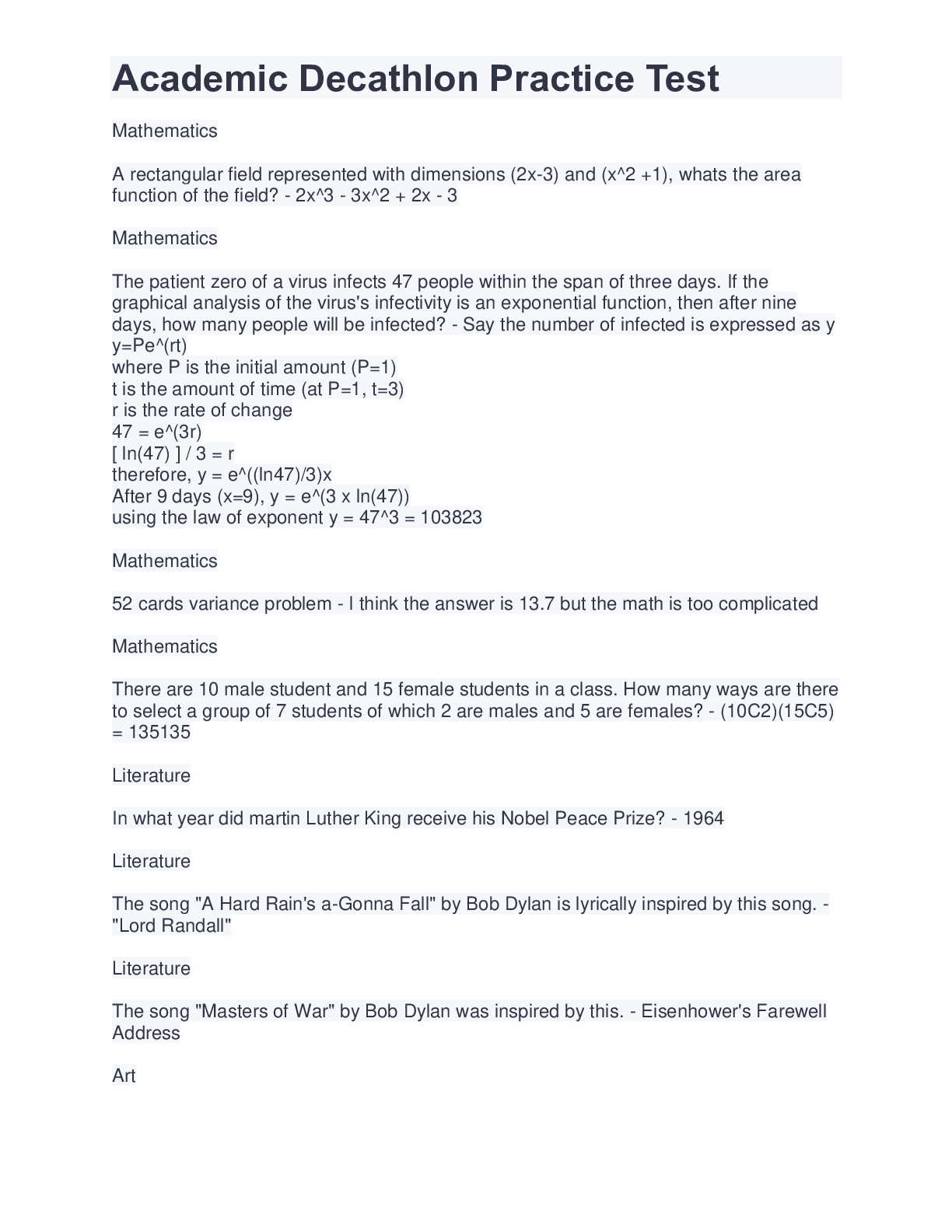 Academic Decathlon Practice Test - Scholarfriends