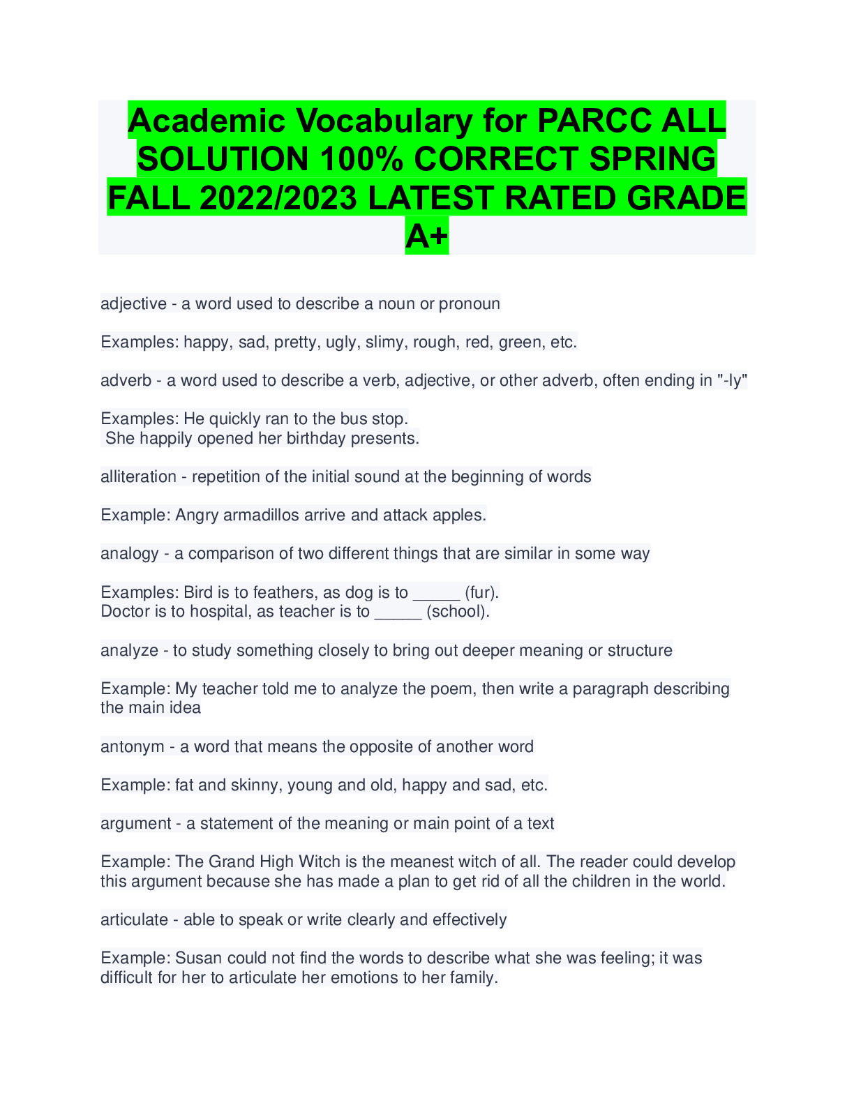 Academic Vocabulary for PARCC ALL SOLUTION 100% CORRECT SPRING FALL ...
