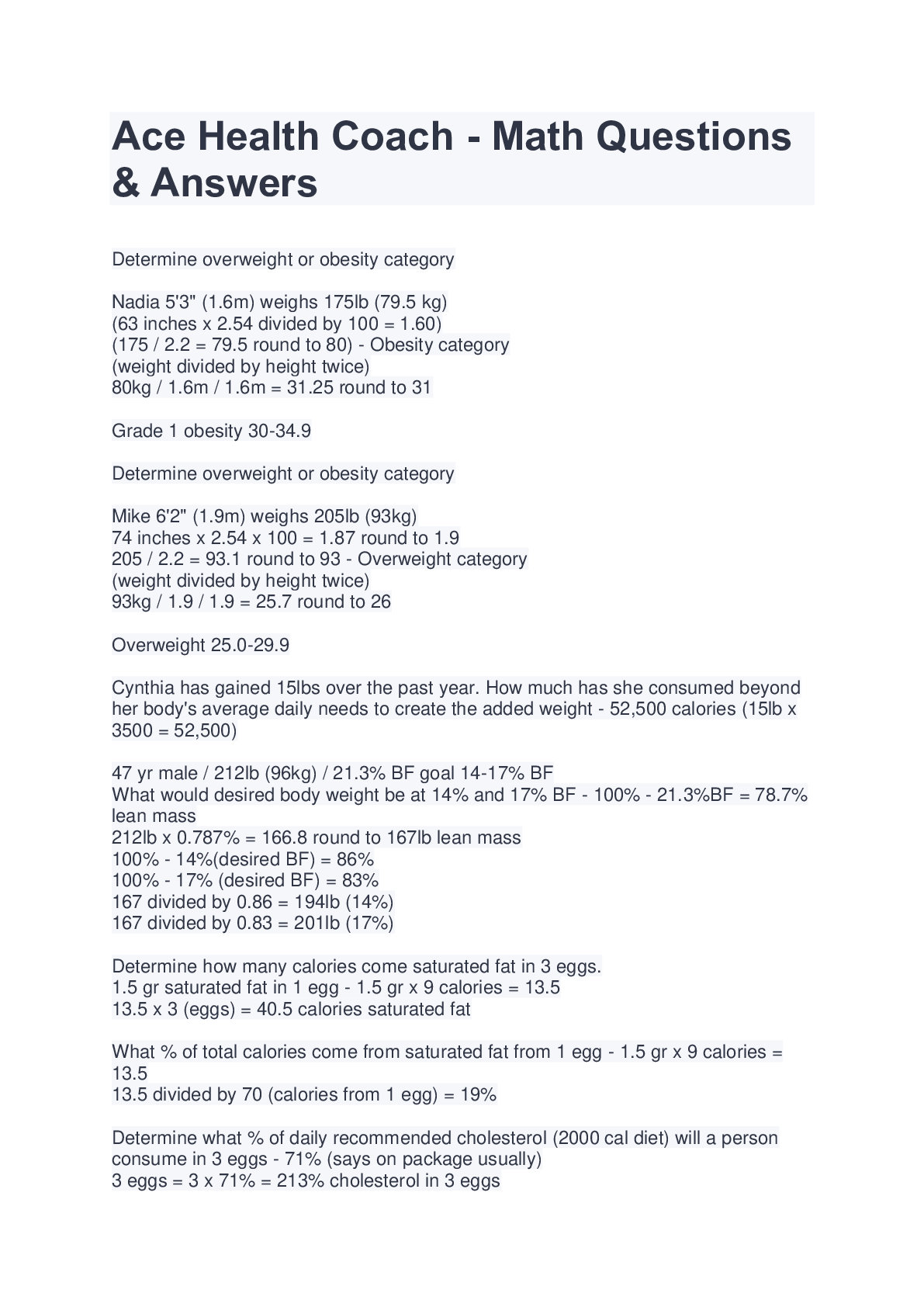 Ace Health Coach - Math Questions & Answers 100% correct solutions ...