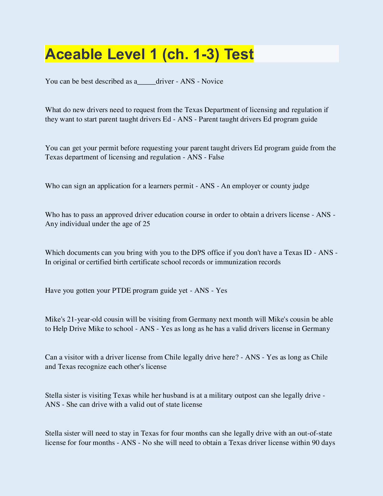 Aceable Level 1 (ch. 1-3) Test | 40 Questions with 100% Correct Answers ...