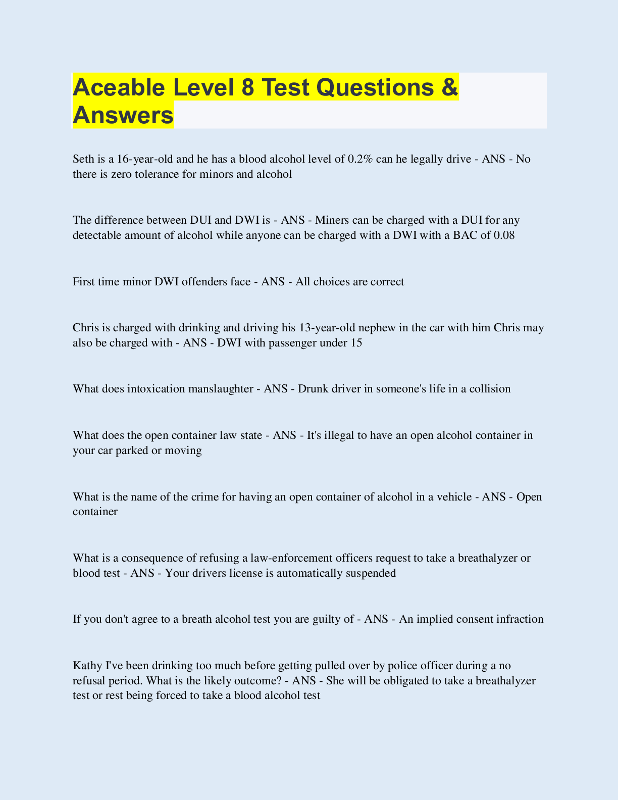 Aceable Level 8 Test Questions & Answers | 60 Questions with 100% ...